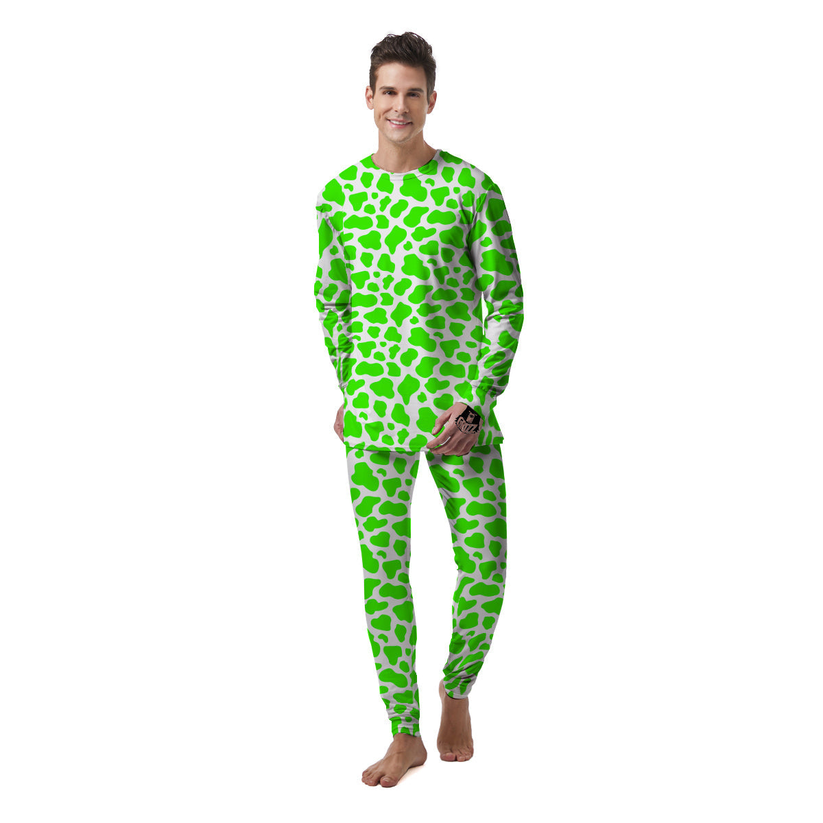 Green Neon Cow Print Pattern Men's Pajamas