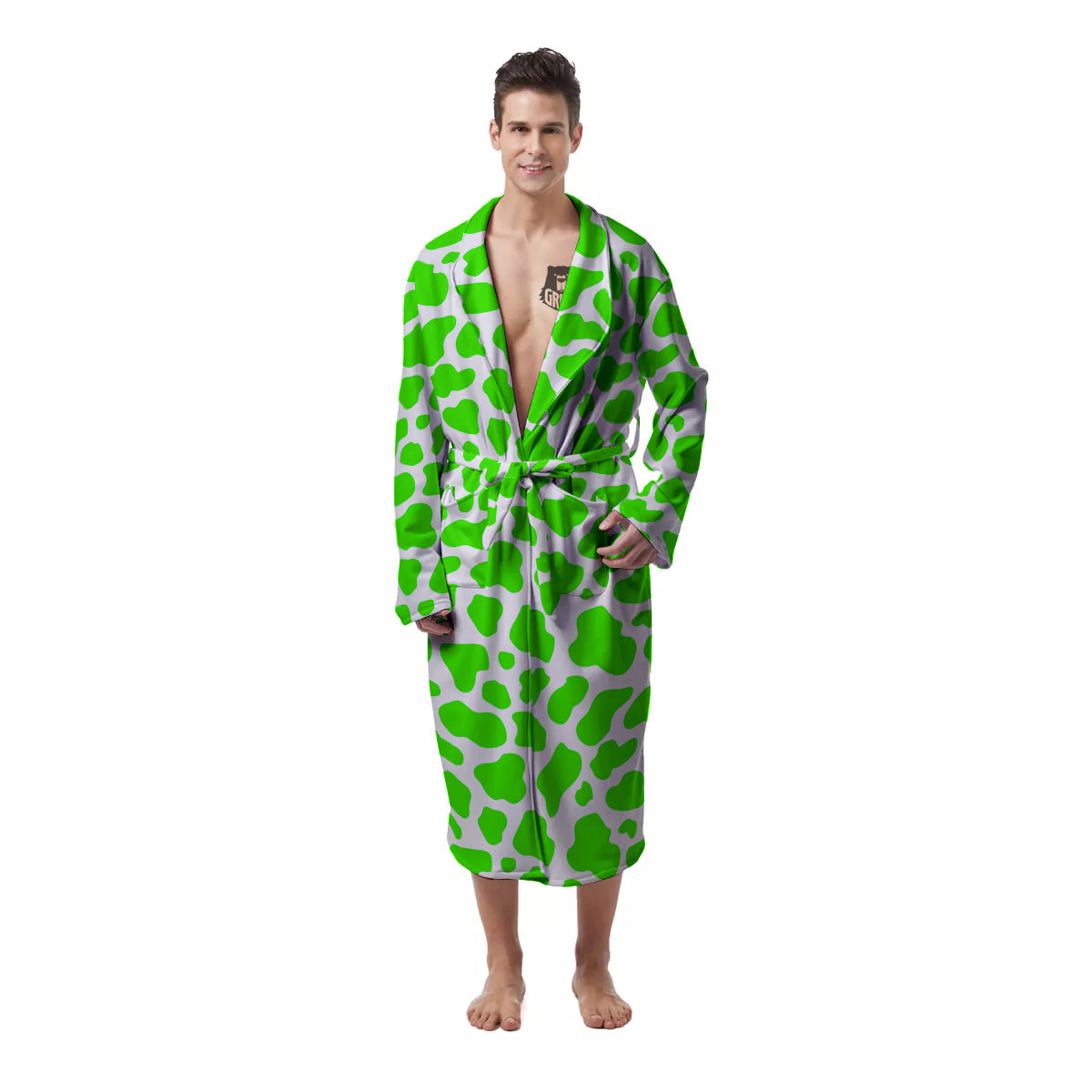 Green Neon Cow Print Pattern Men's Robe