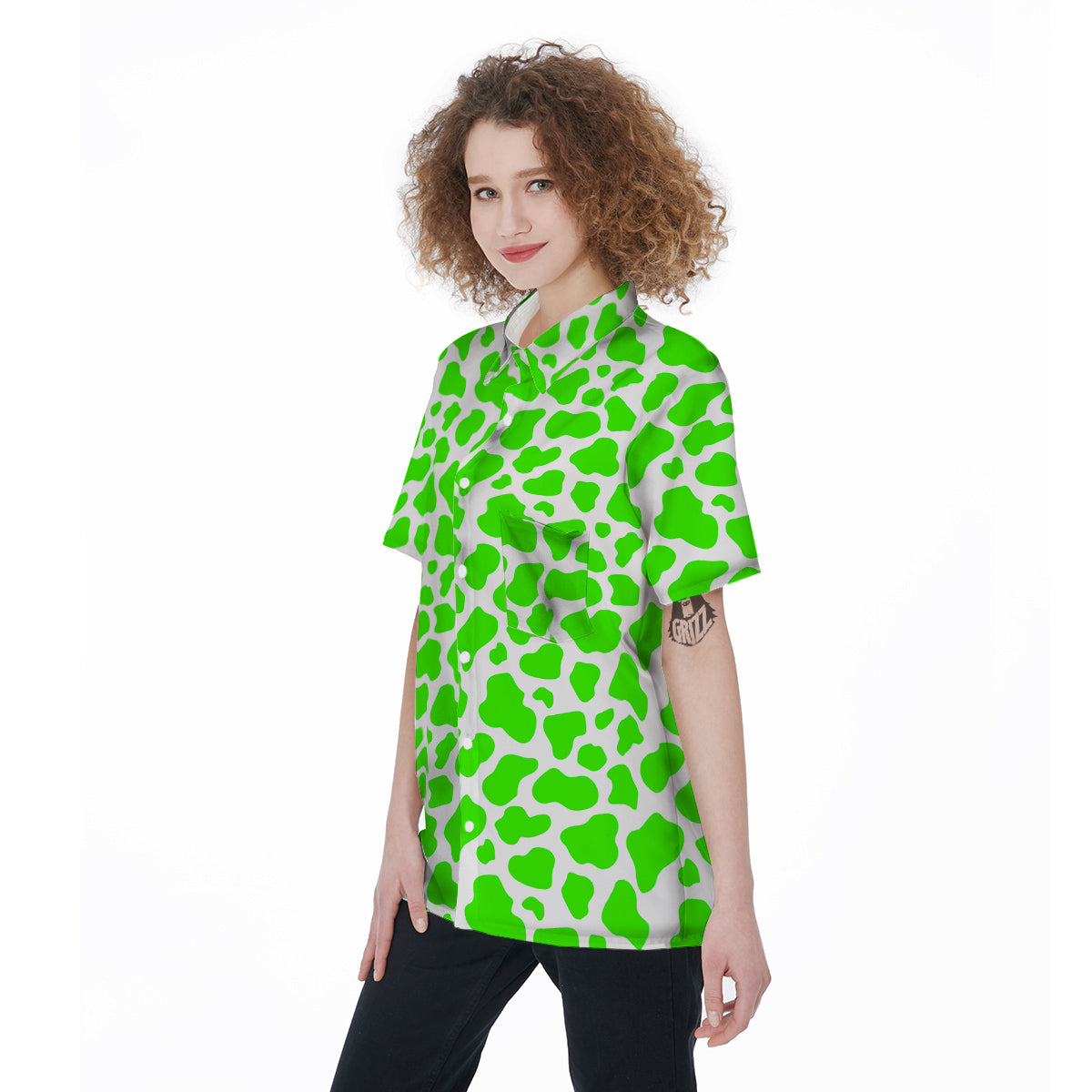 Green Neon Cow Print Pattern Women's Short Sleeve Shirts