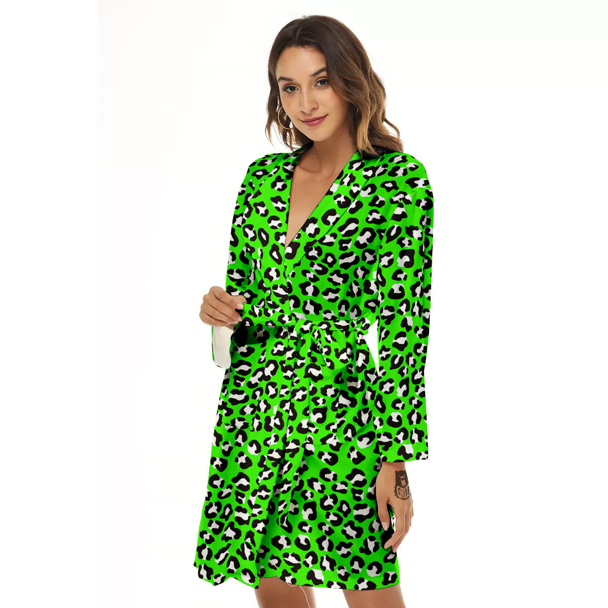 Green Neon Leopard Print Pattern Women's Robe