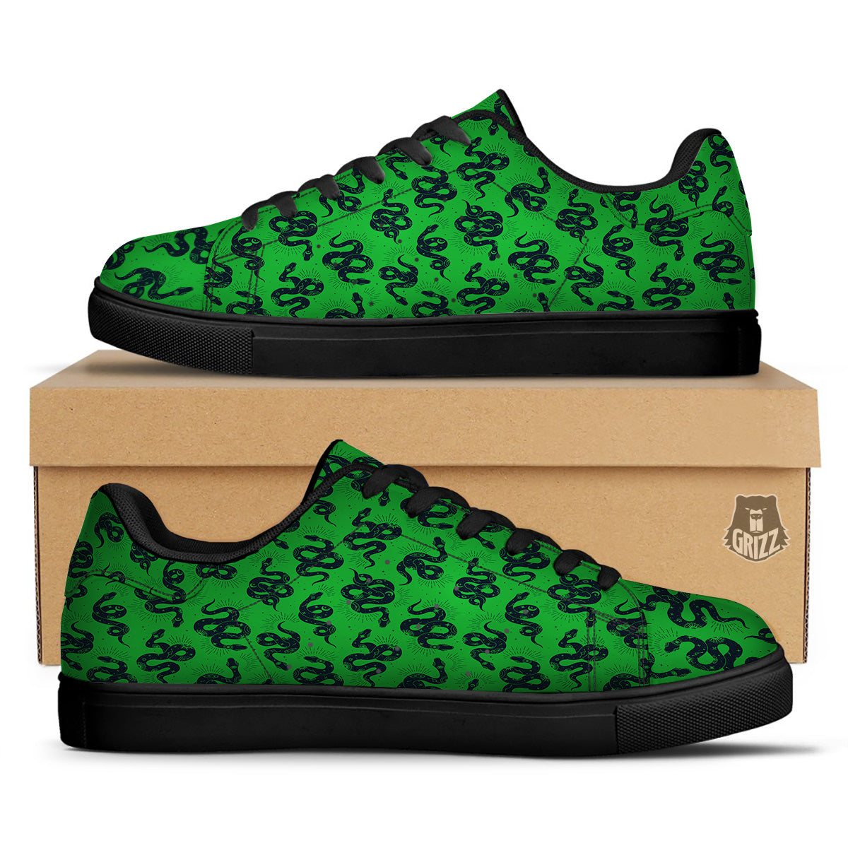Green Snake Magic Eye Print Pattern Black Low Top Sneakers