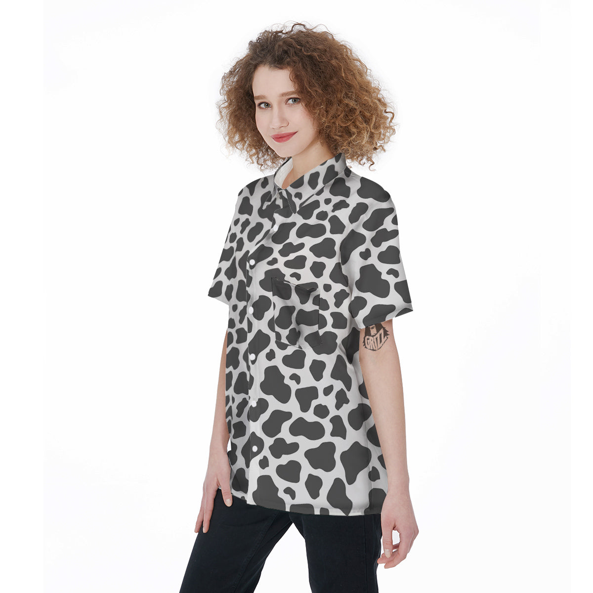 Grey Cow Print Pattern Women's Short Sleeve Shirts