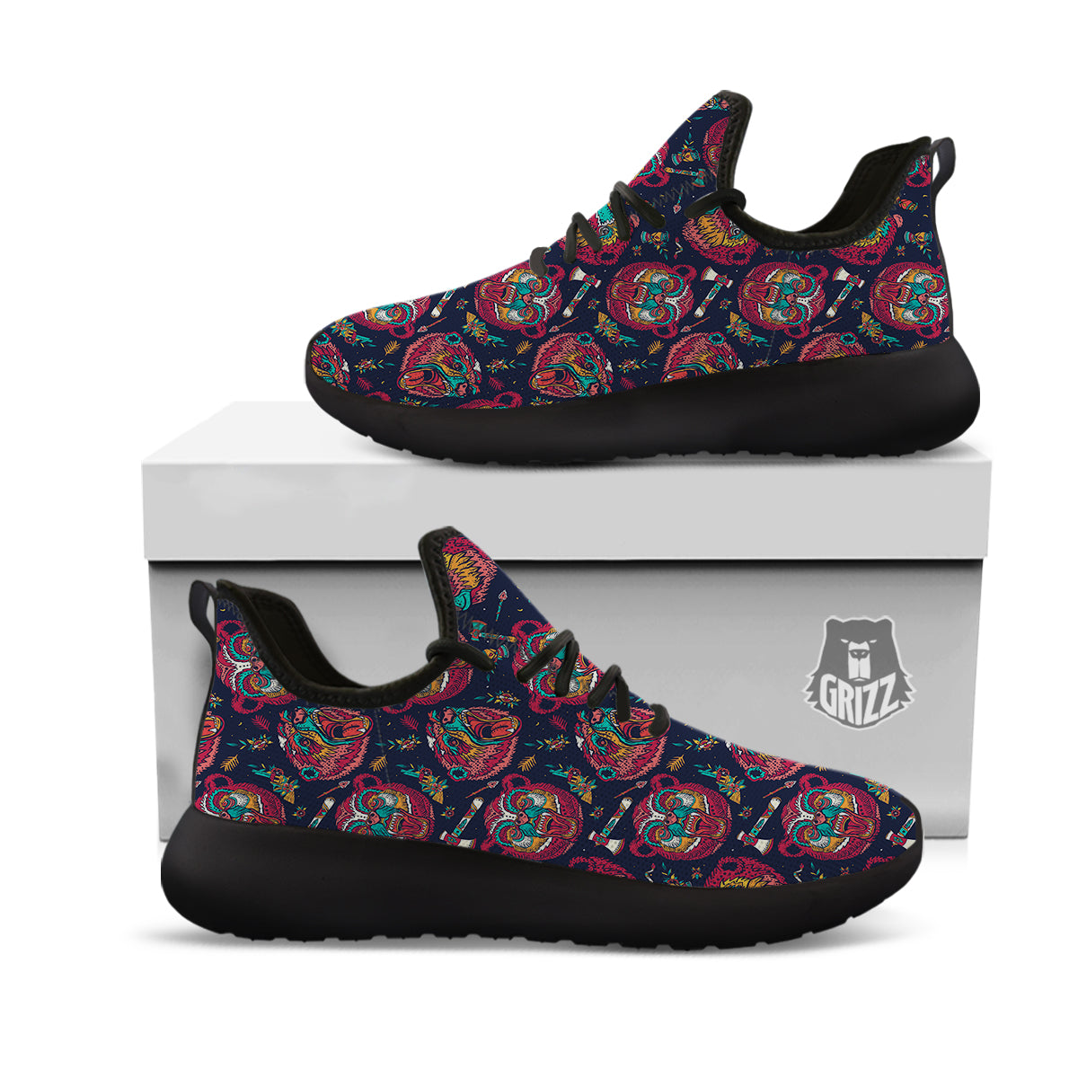 Grizz Bear Oldschool Tattoo Print Pattern Black Athletic Shoes