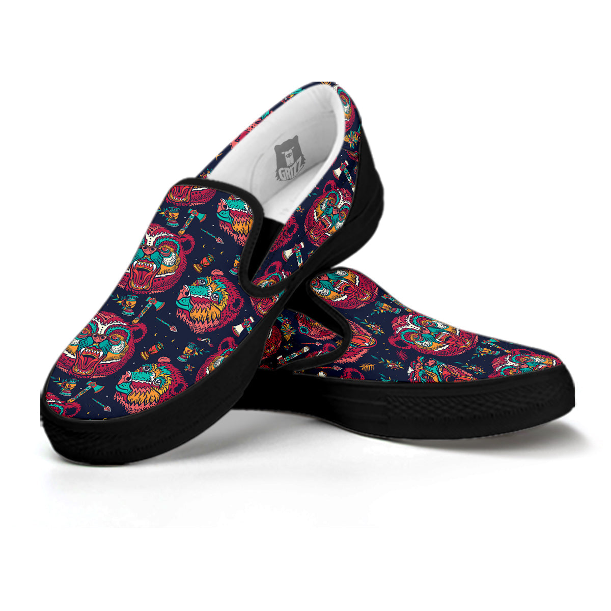 Grizz Bear Oldschool Tattoo Print Pattern Black Slip On Shoes