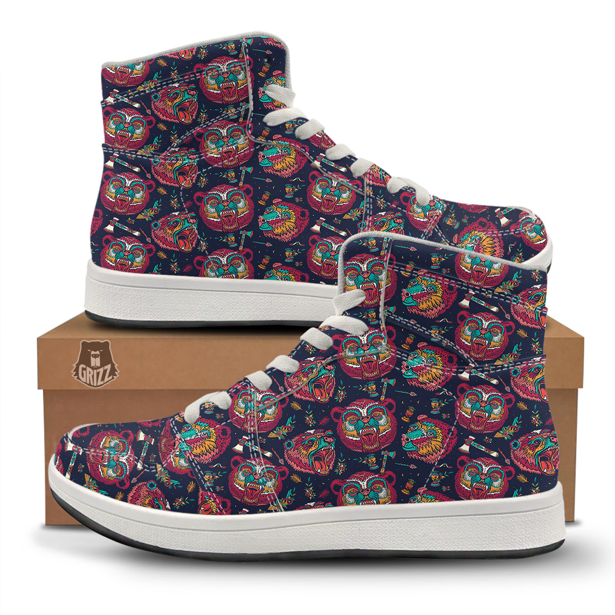 Grizz Bear Oldschool Tattoo Print Pattern High Top Sneakers