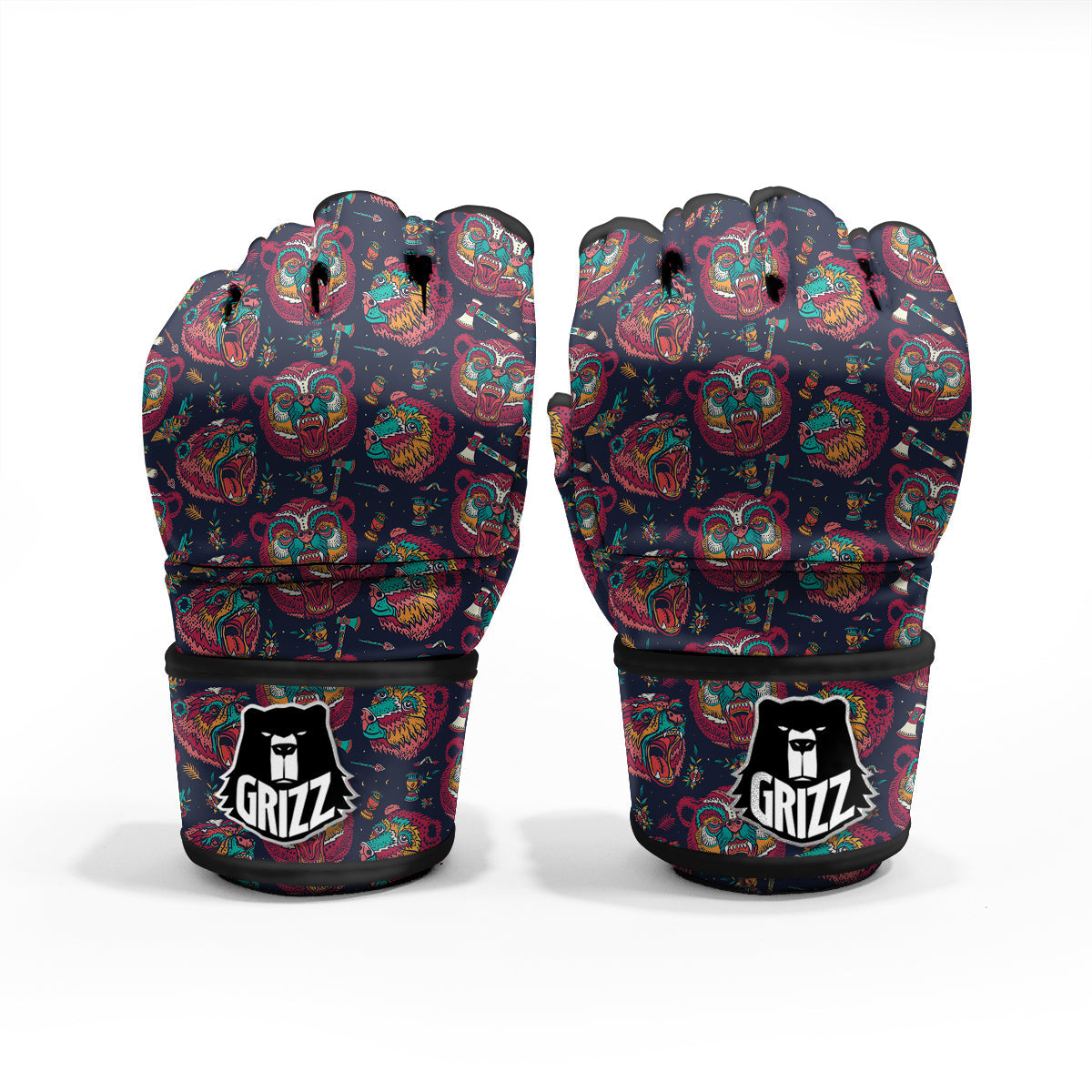 Grizz Bear Oldschool Tattoo Print Pattern MMA Gloves