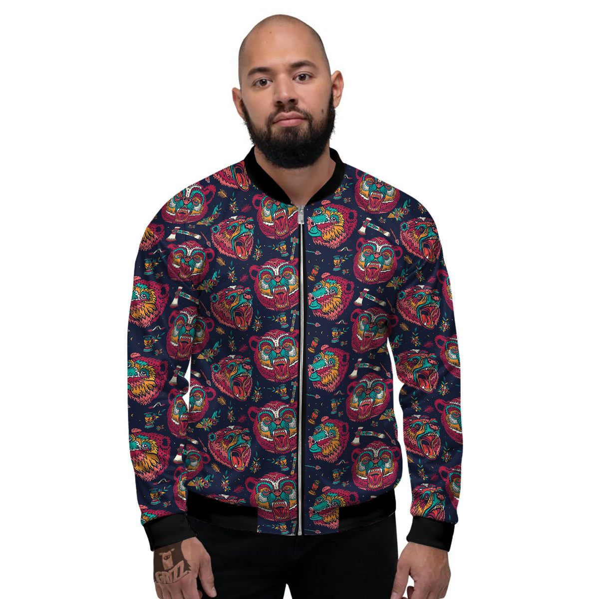Grizz Bear Oldschool Tattoo Print Pattern Men's Bomber Jacket