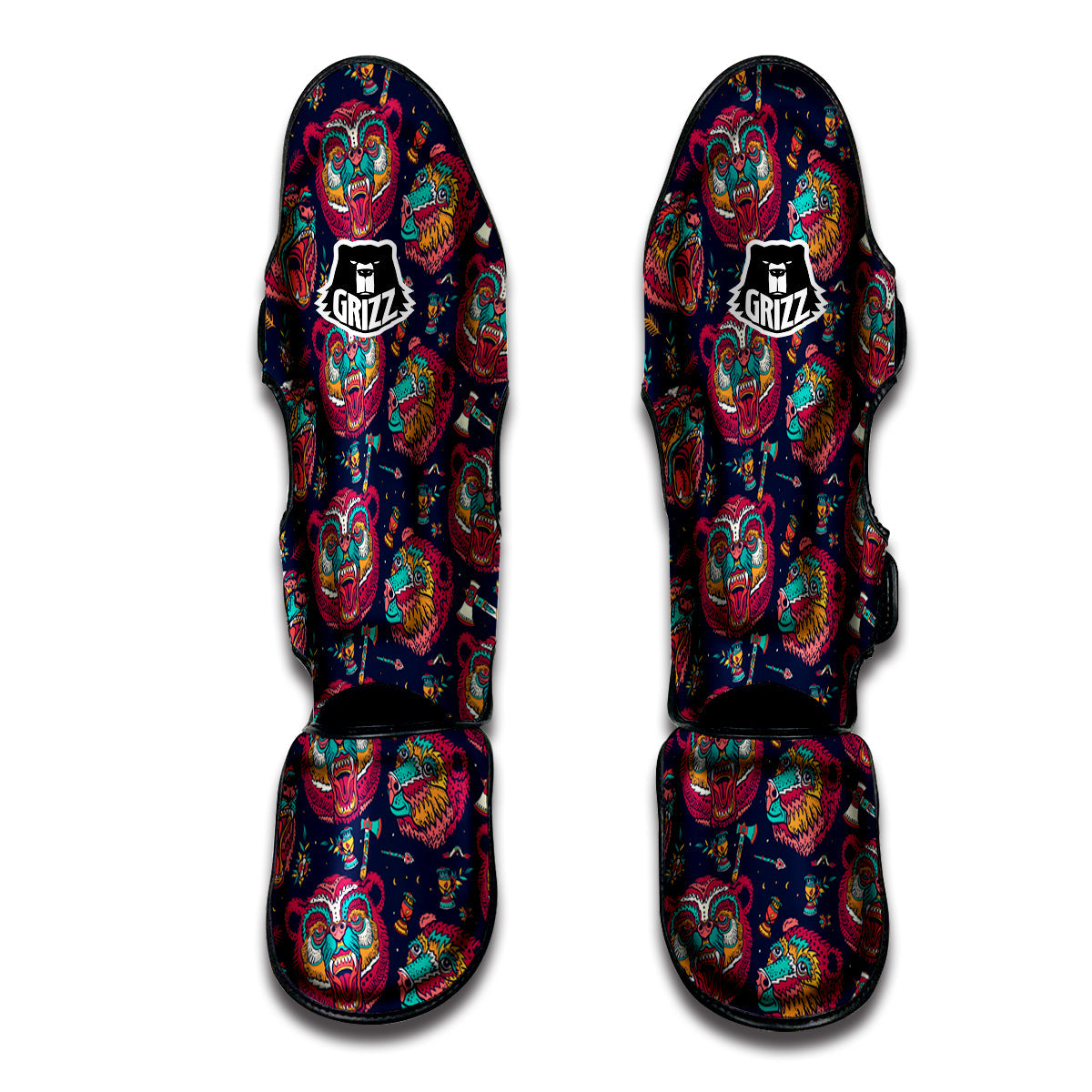 Grizz Bear Oldschool Tattoo Print Pattern Muay Thai Shin Guards