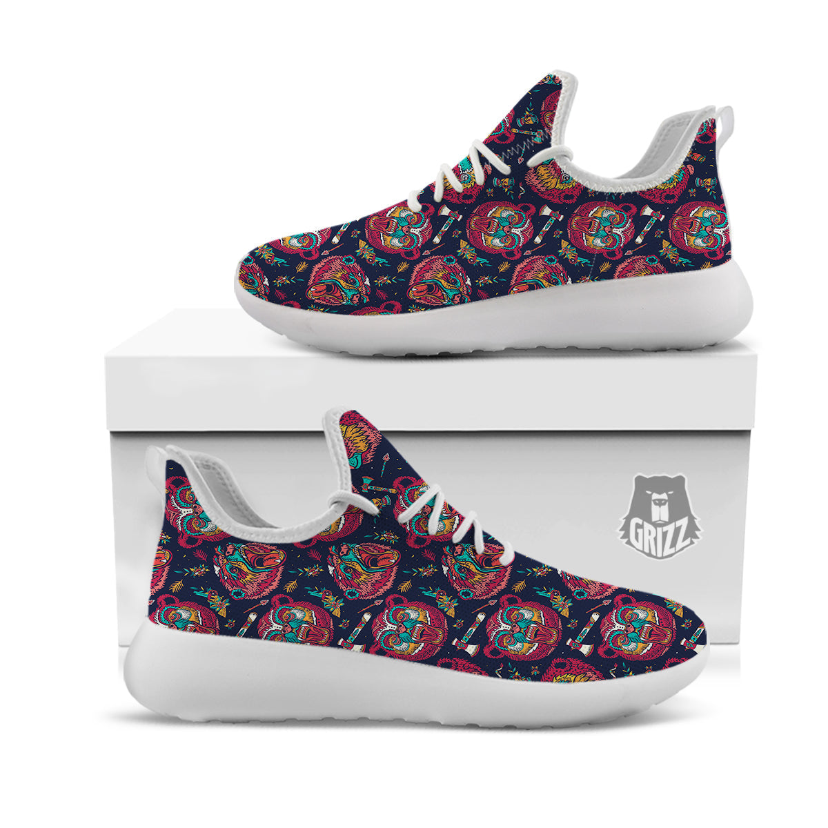 Grizz Bear Oldschool Tattoo Print Pattern White Athletic Shoes