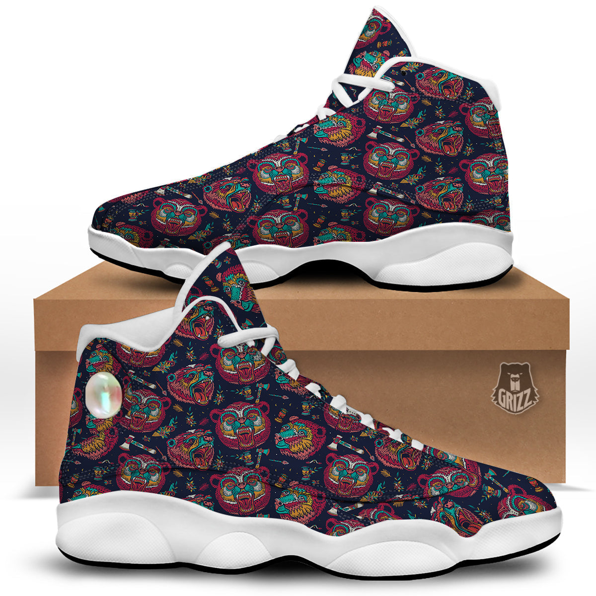 Grizz Bear Oldschool Tattoo Print Pattern White Basketball Shoes