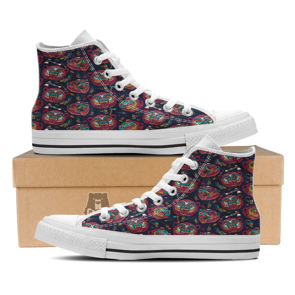Grizz Bear Oldschool Tattoo Print Pattern White High Top Shoes