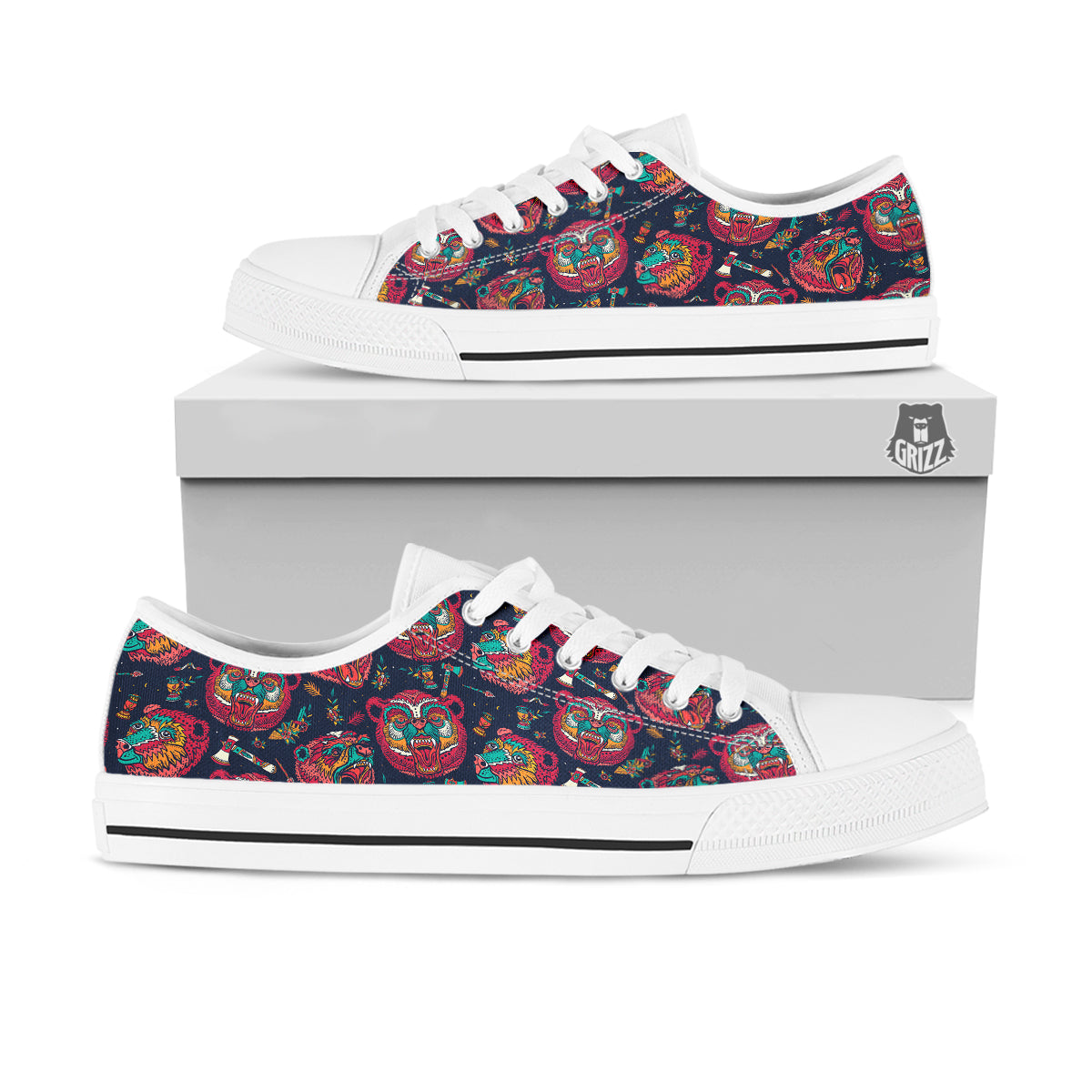 Grizz Bear Oldschool Tattoo Print Pattern White Low Top Shoes