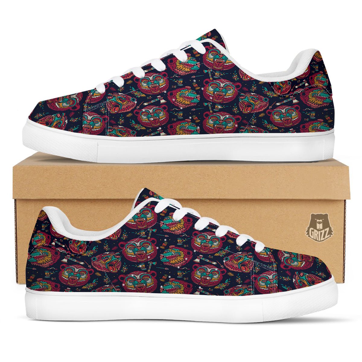Grizz Bear Oldschool Tattoo Print Pattern White Low Top Sneakers