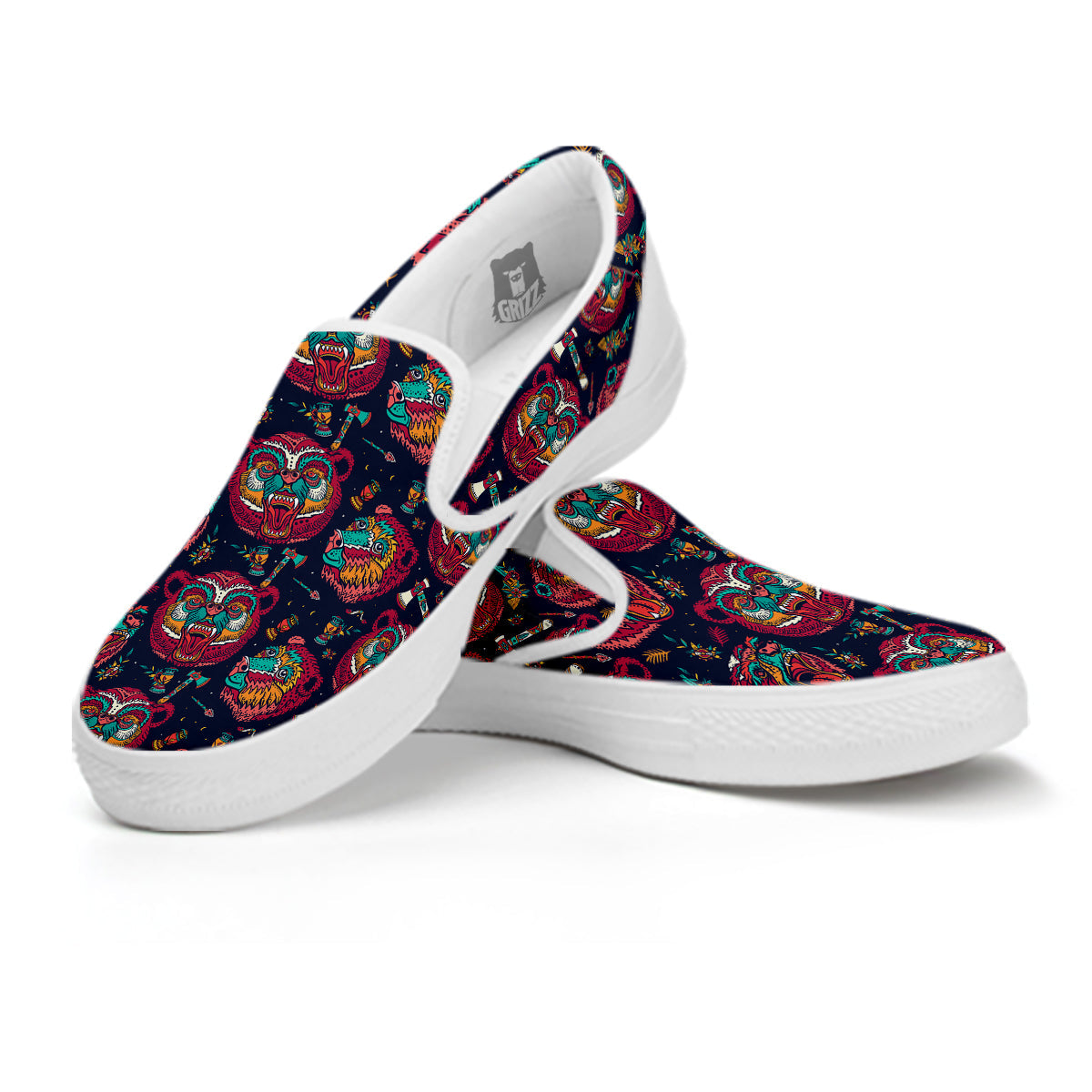 Grizz Bear Oldschool Tattoo Print Pattern White Slip On Shoes