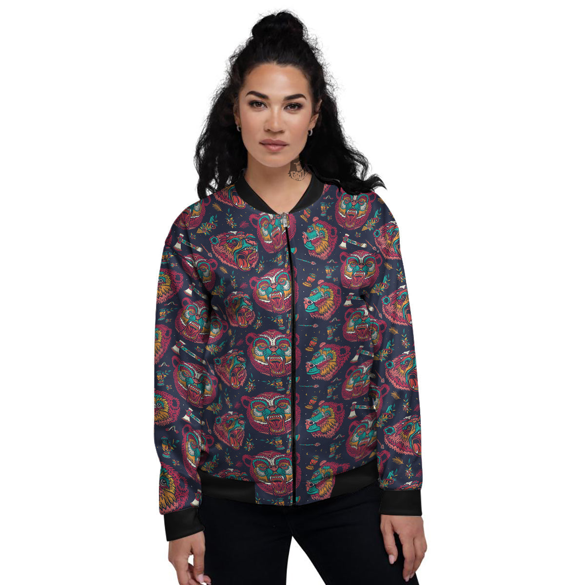 Grizz Bear Oldschool Tattoo Print Pattern Women's Bomber Jacket