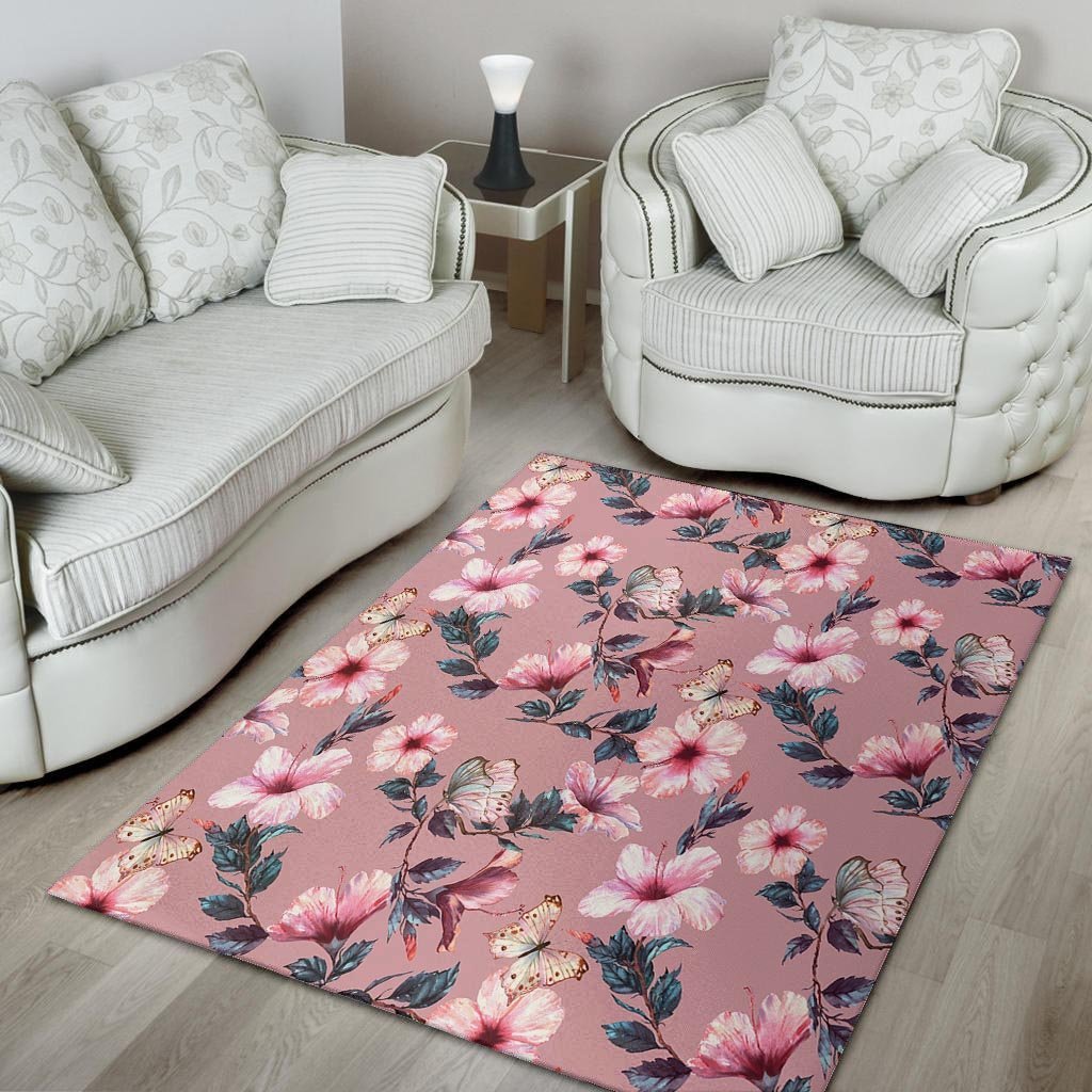 Hand Drawn Hibiscus Print Floor Mat
