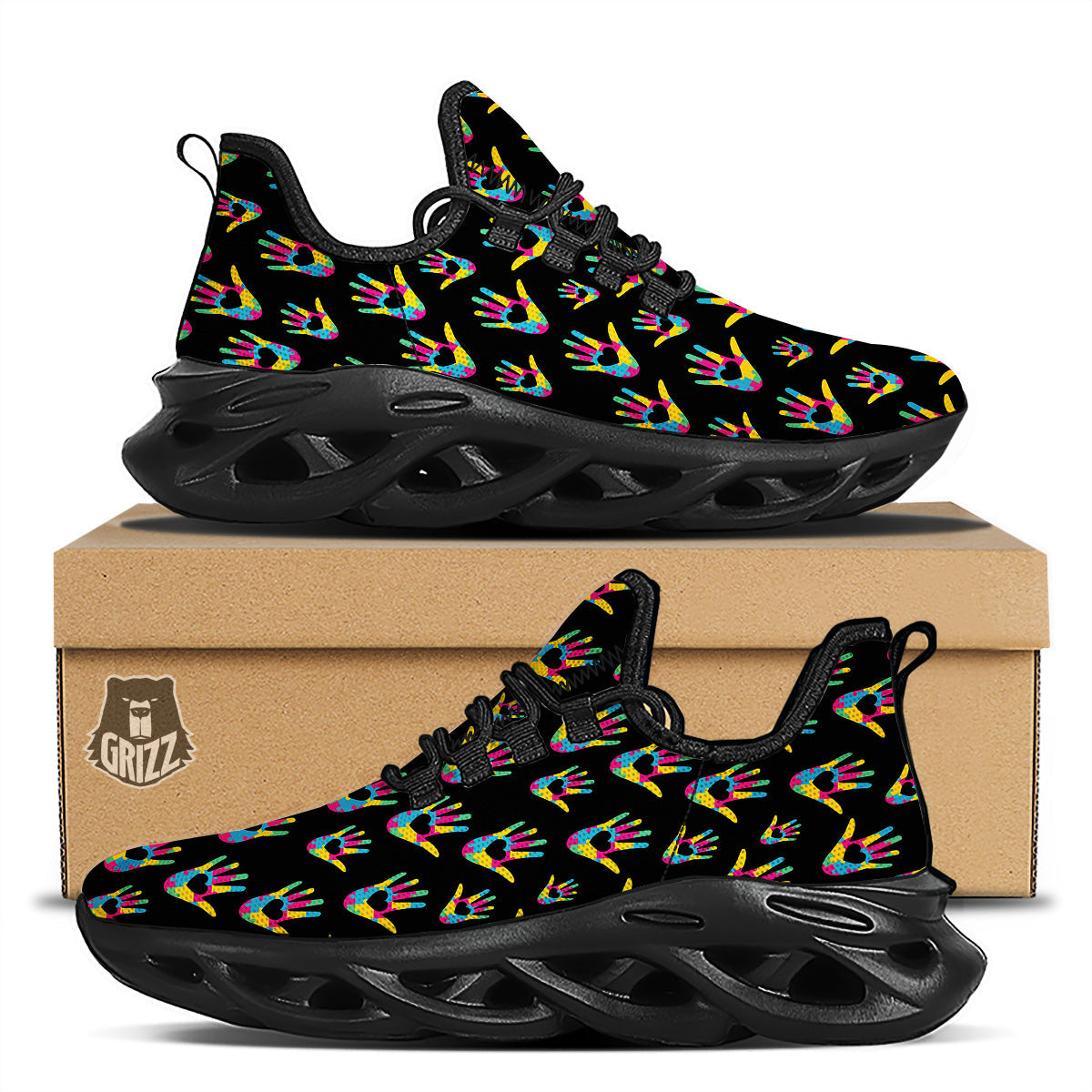 Hand Shaped Autism Day Print Pattern Black Running Shoes
