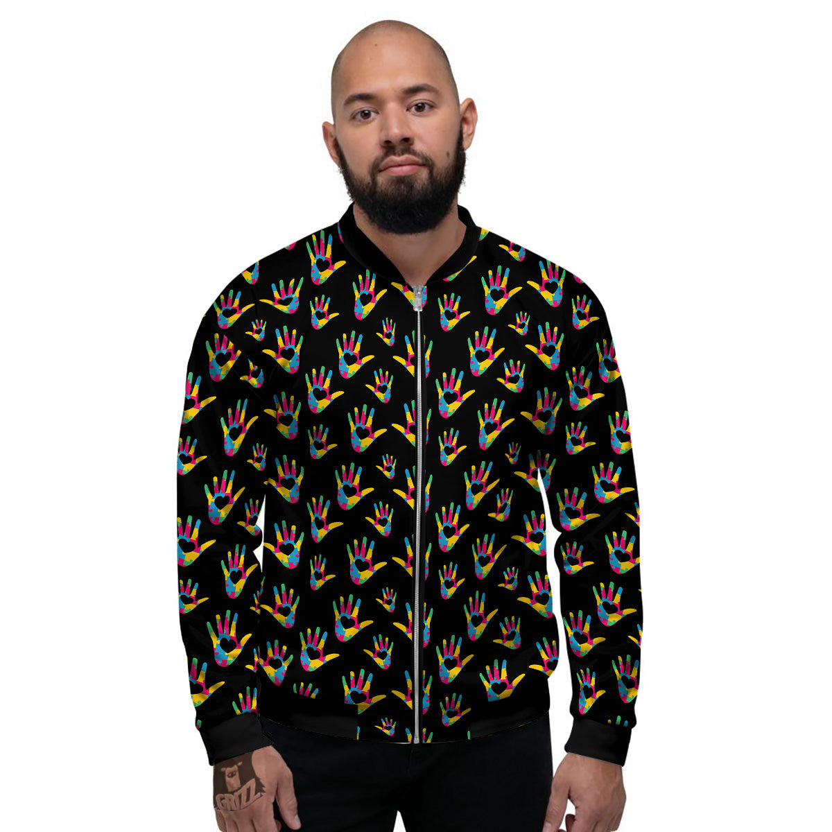Hand Shaped Autism Day Print Pattern Men's Bomber Jacket