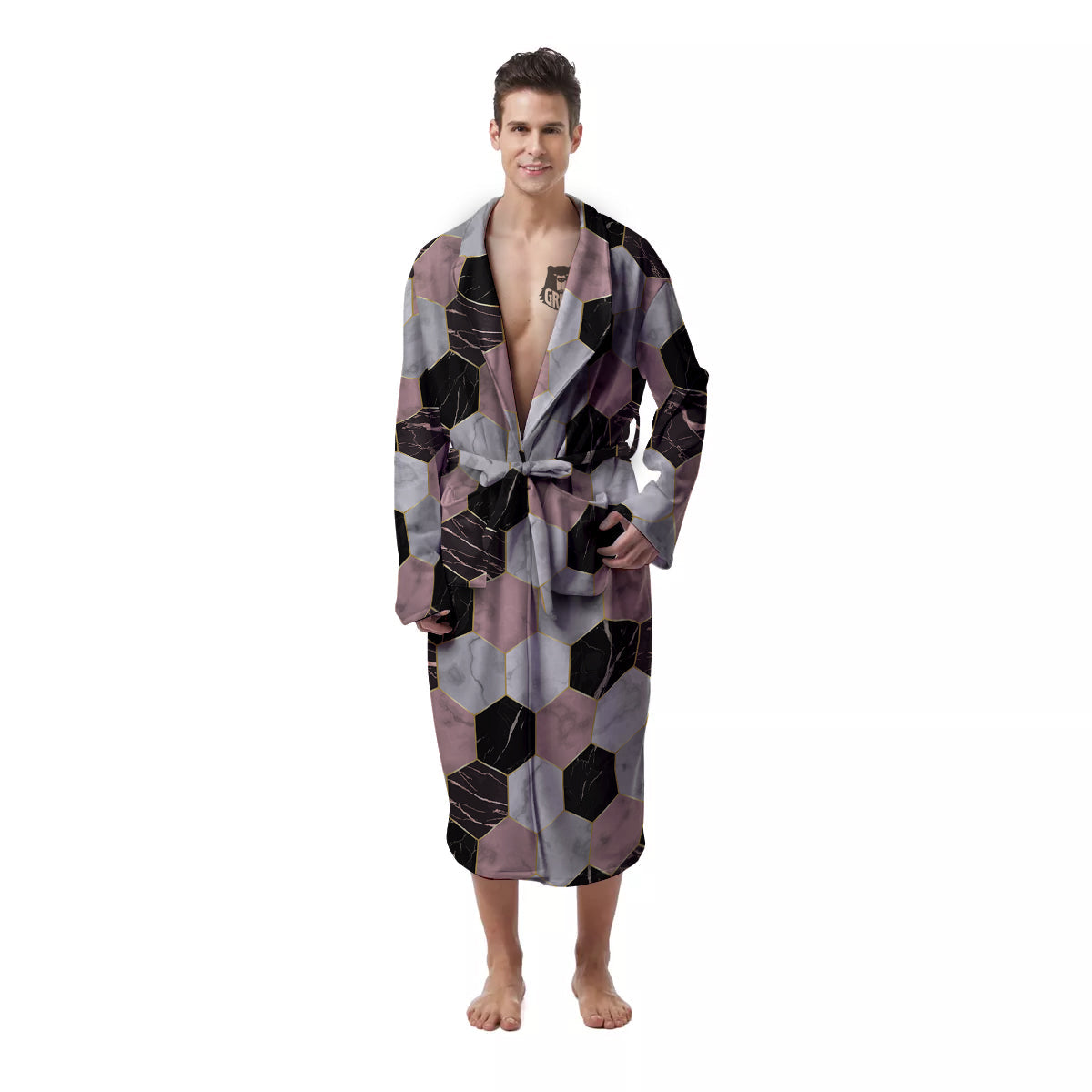 Hexagon Marble White Pink And Black Print Men's Robe