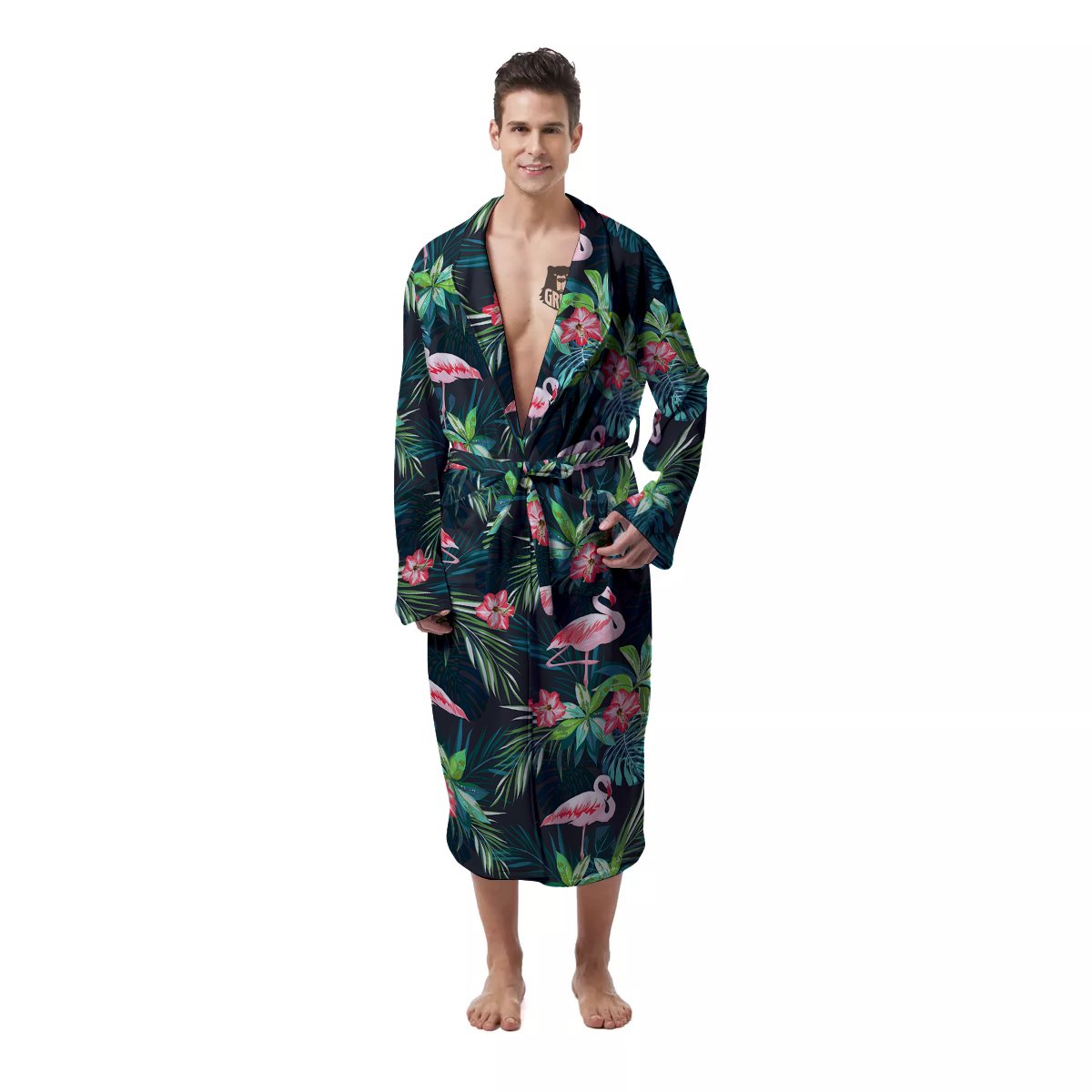 Hibiscus And Tropical Flamingo Print Pattern Men's Robe