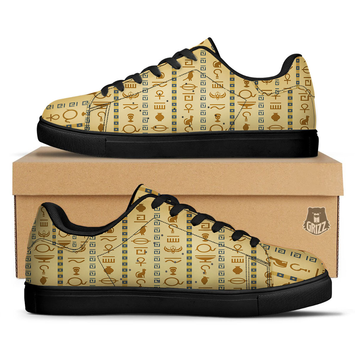 Hieroglyphs Ancient Egyptian Print Black Low Top Sneakers