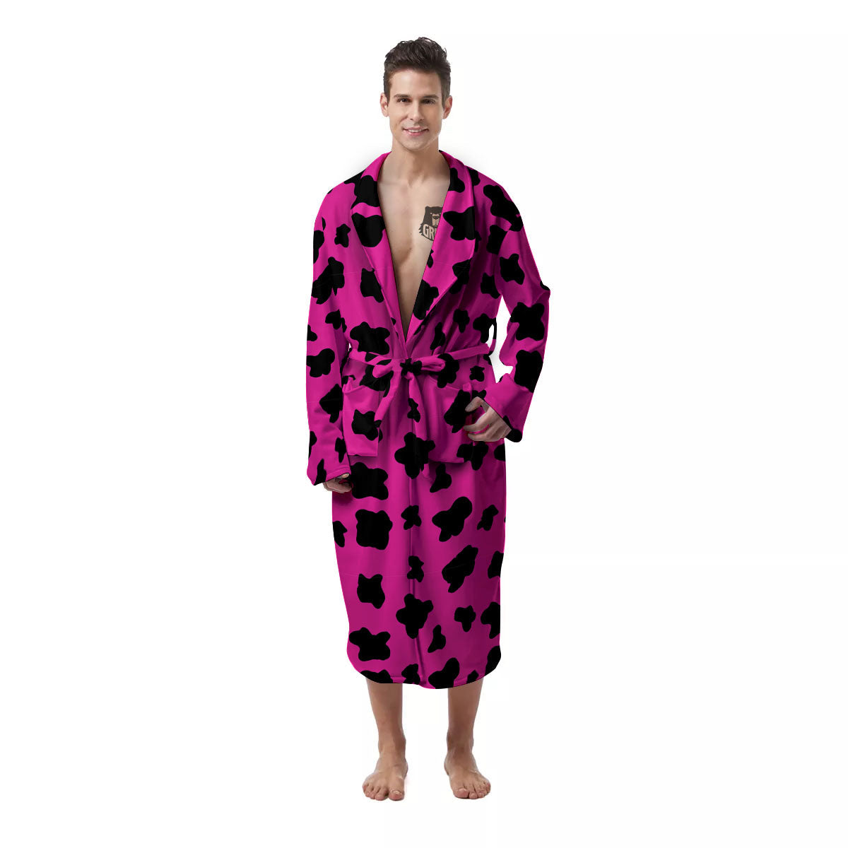 Hot Pink And Black Cow Print Men's Robe