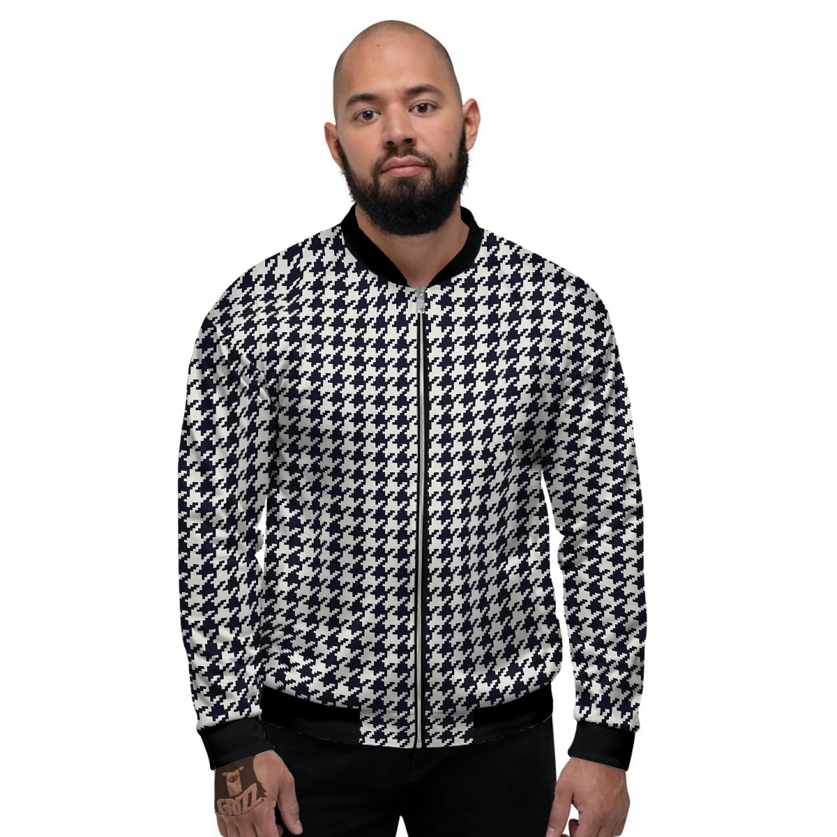 Houndstooth Black Pixel Print Pattern Men's Bomber Jacket