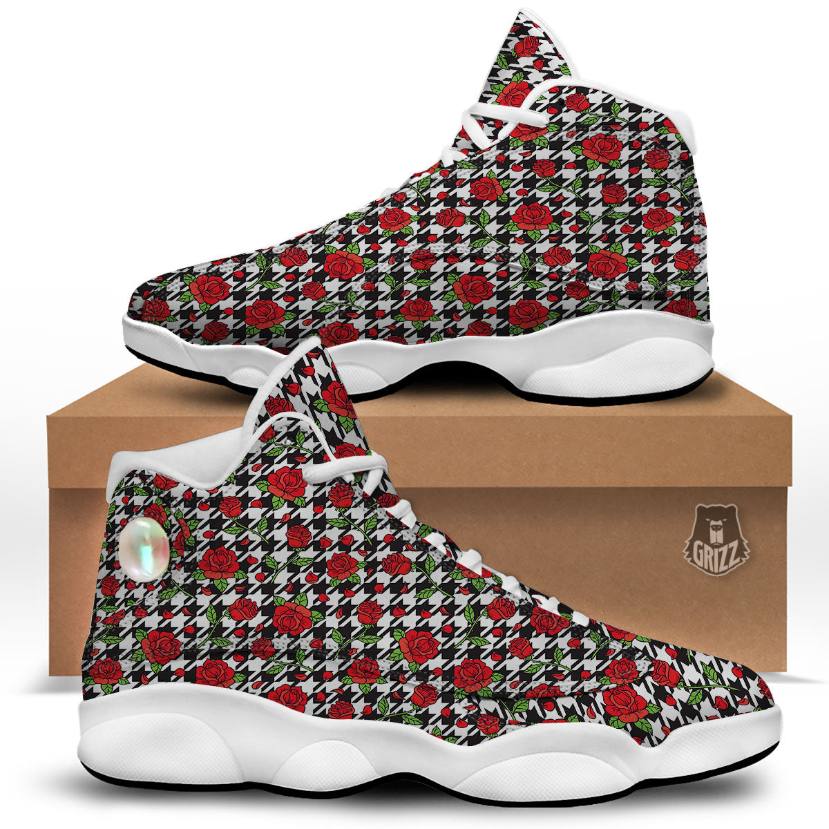 Houndstooth Red Roses Print Pattern White Basketball Shoes