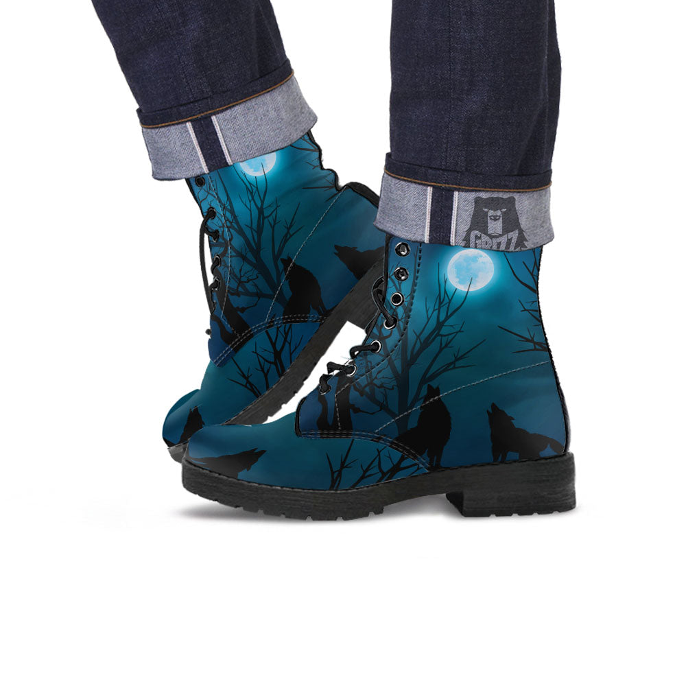 Howling Wolf At The Full Moon Print Leather Boots