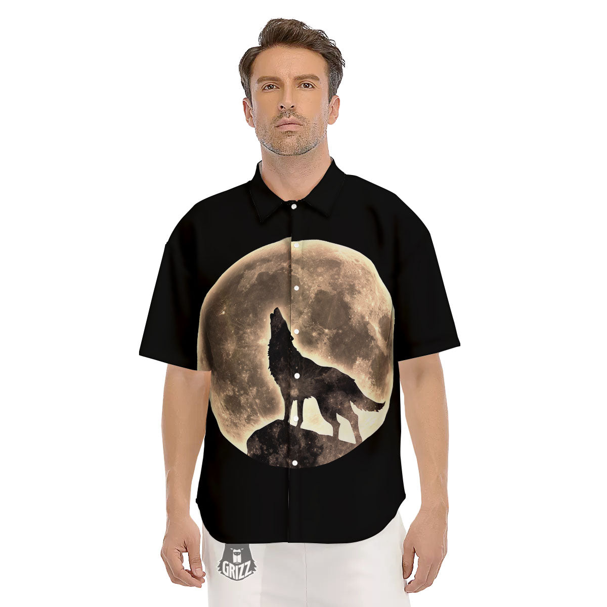 Howling Wolf Full Moon Print Men's Short Sleeve Shirts
