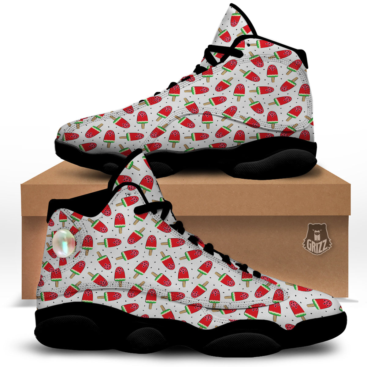 Ice Cream Watermelon Print Pattern Black Basketball Shoes