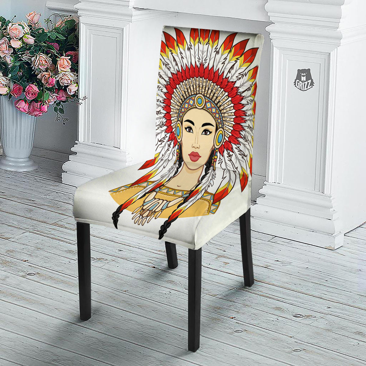 Indian Girl Native American Print Dining Chair Slipcover