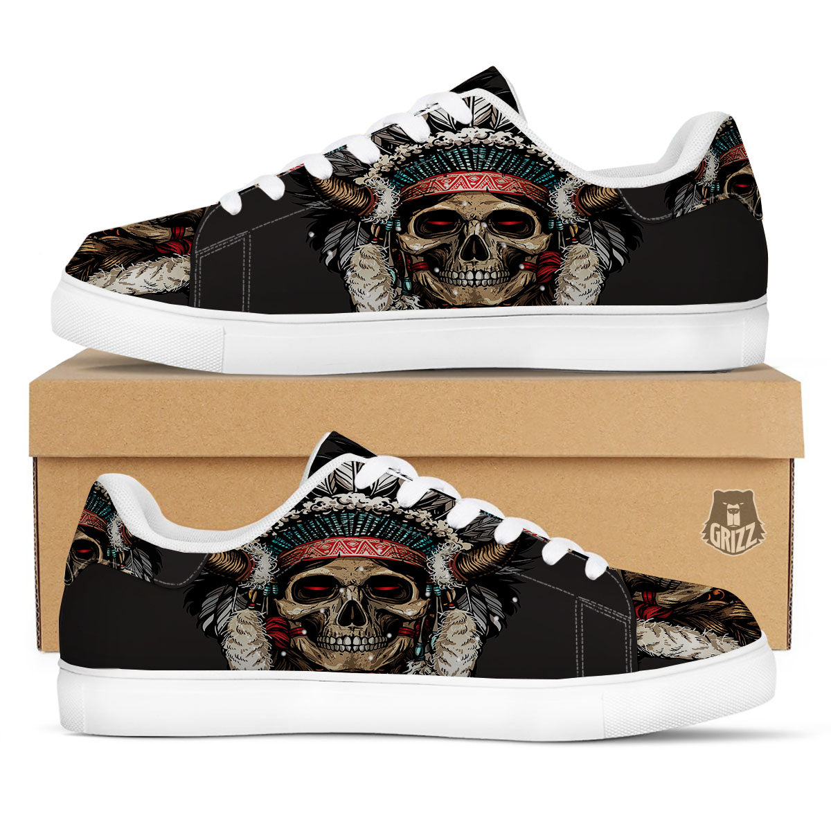 Indian Skull Native American Print White Low Top Sneakers