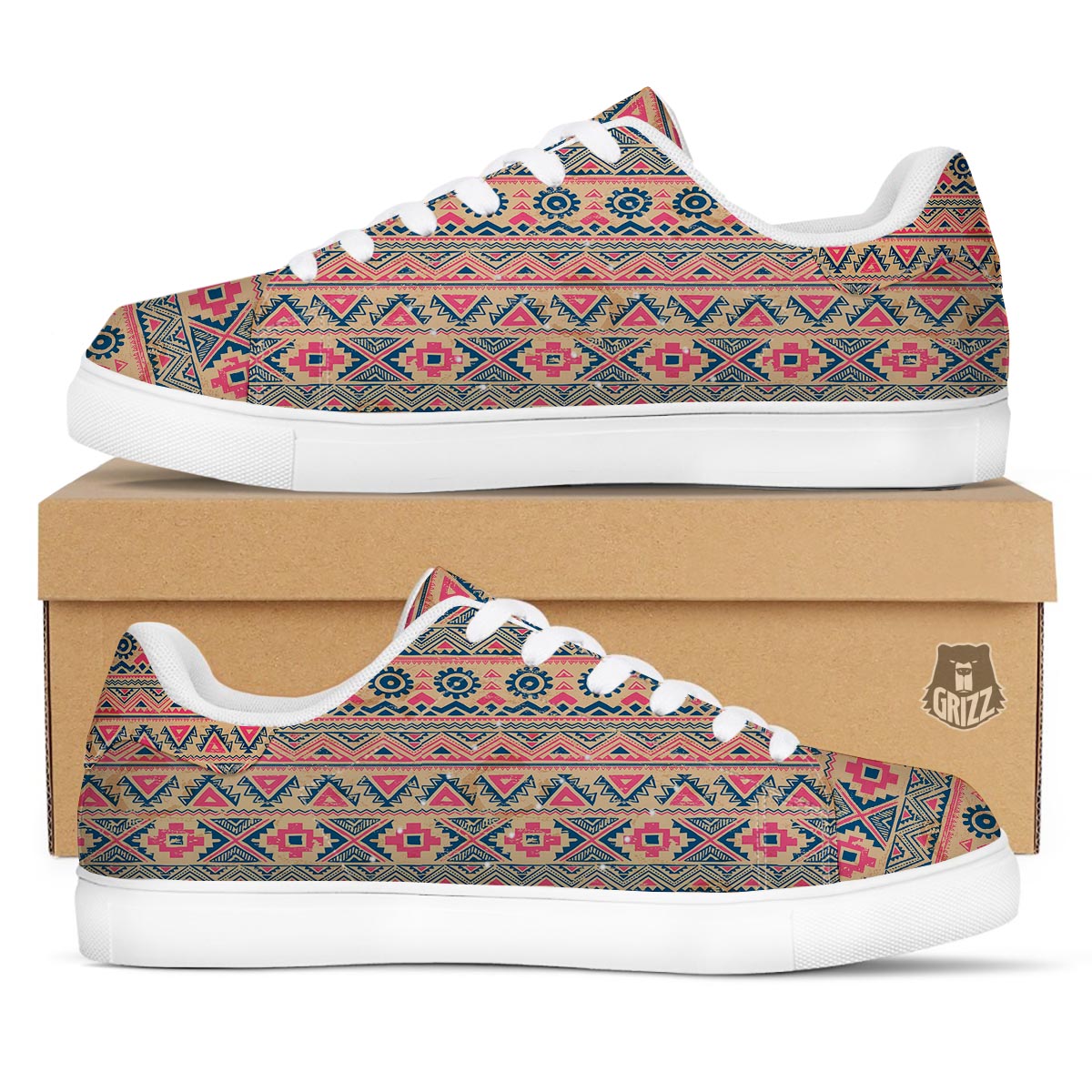 Indian Tribal Native Print Pattern White Low Top Sneakers