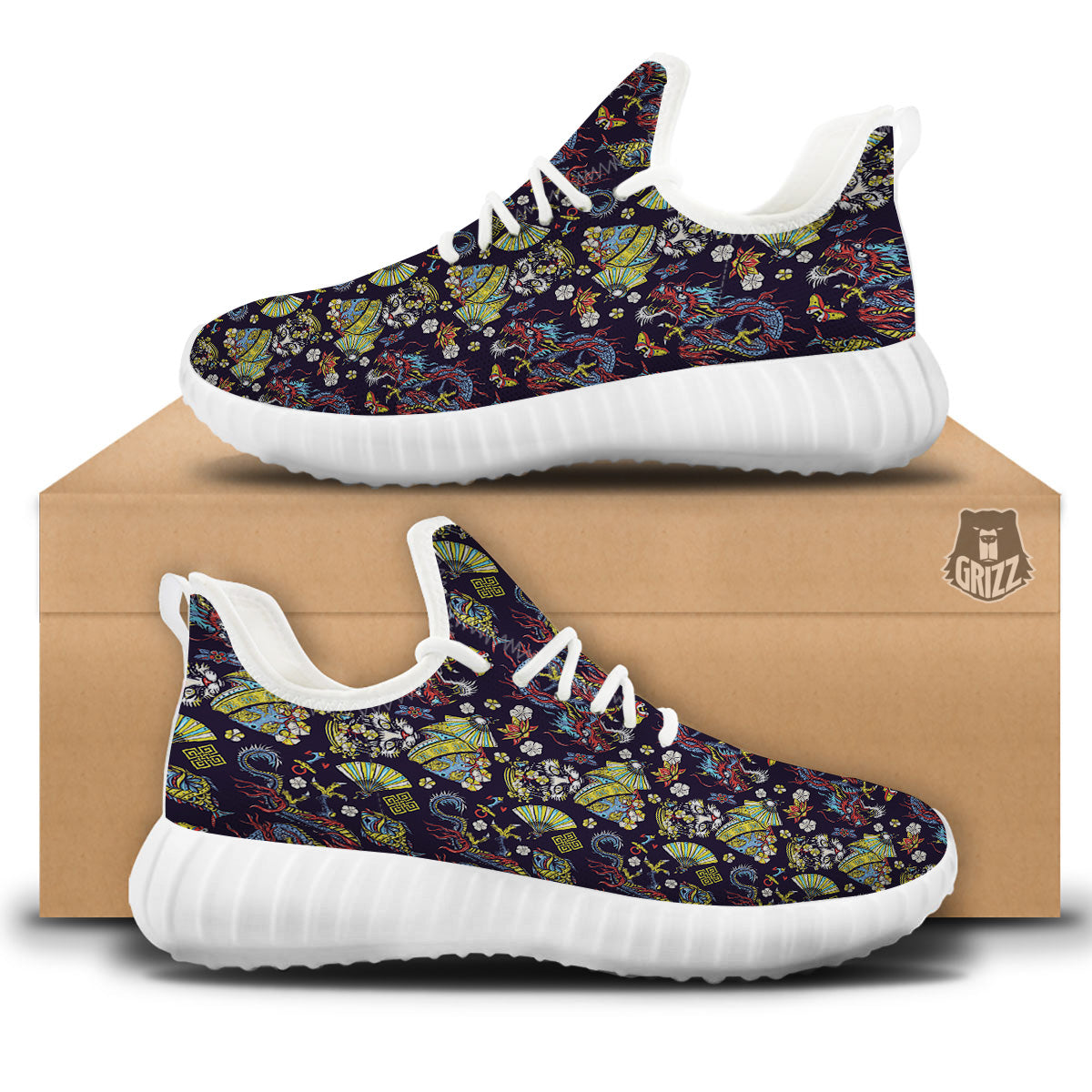 Japanese Dragons And Cat Tattoo Print Pattern White Walking Shoes