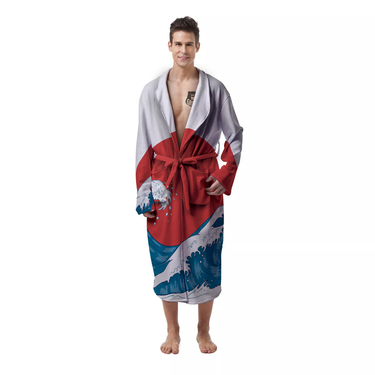 Japanese Wave And Vitage Sea Print Men's Robe