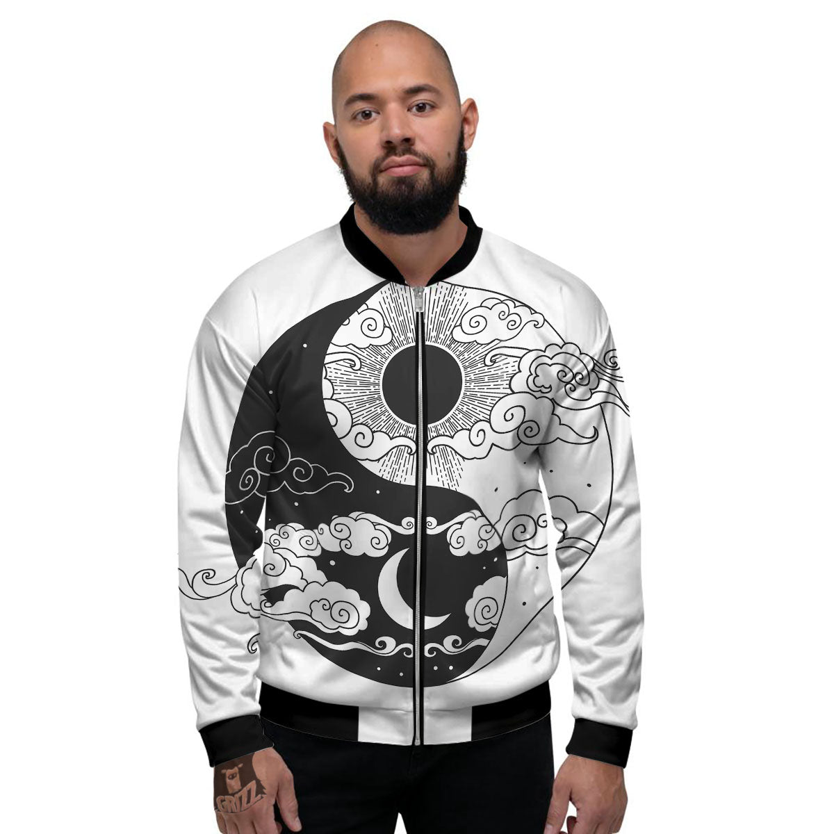 Japanese Yin Yang White And Black Print Men's Bomber Jacket