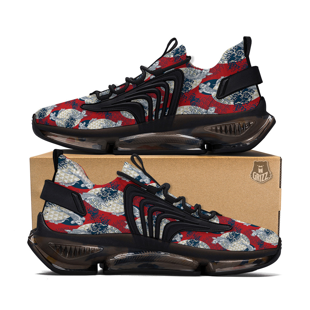 Koi Fish Japanese Wave Print Pattern Black Gym Shoes
