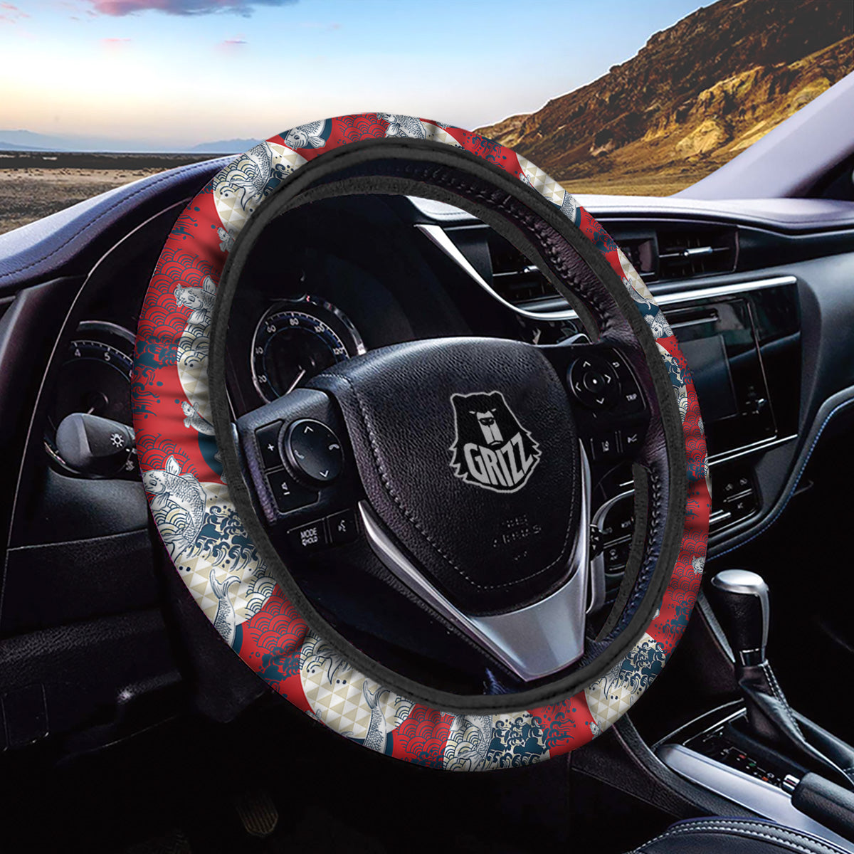 Koi Fish Japanese Wave Print Pattern Car Steering Wheel Cover