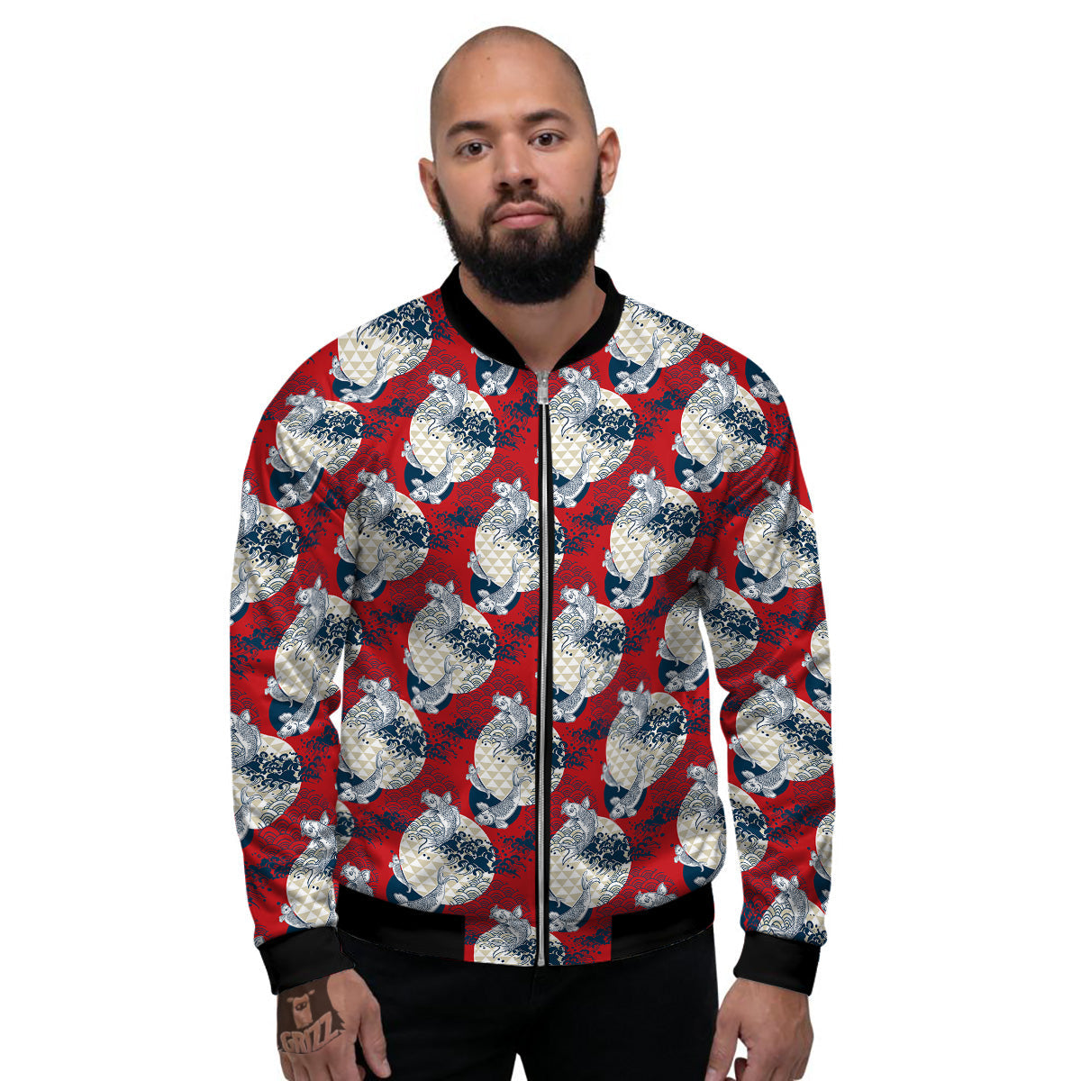 Koi Fish Japanese Wave Print Pattern Men's Bomber Jacket