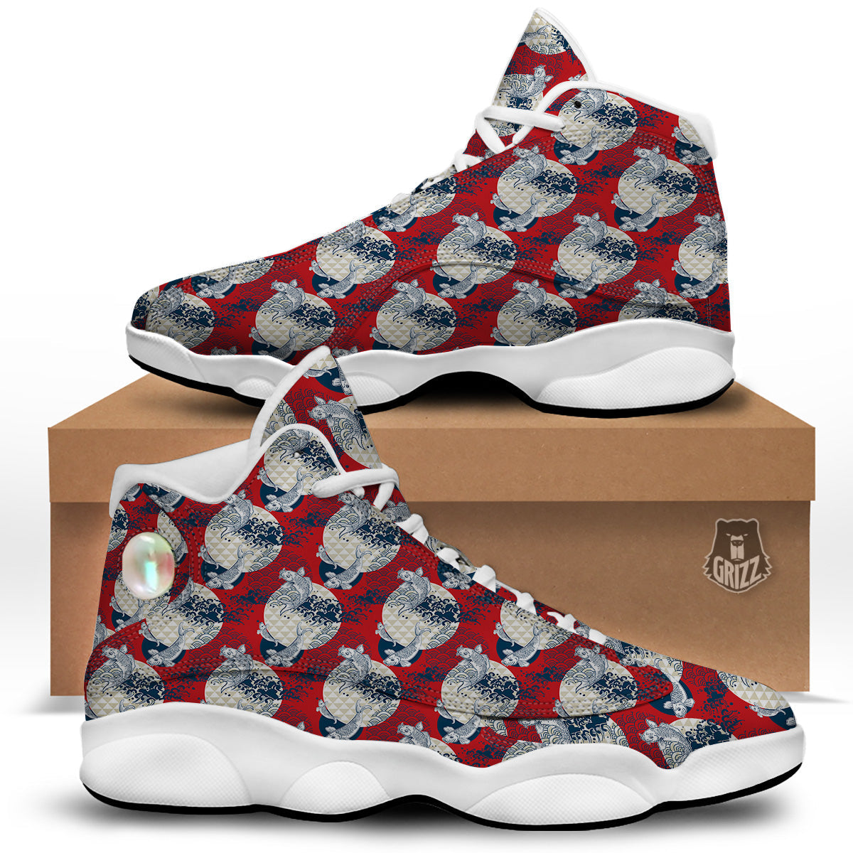 Koi Fish Japanese Wave Print Pattern White Basketball Shoes