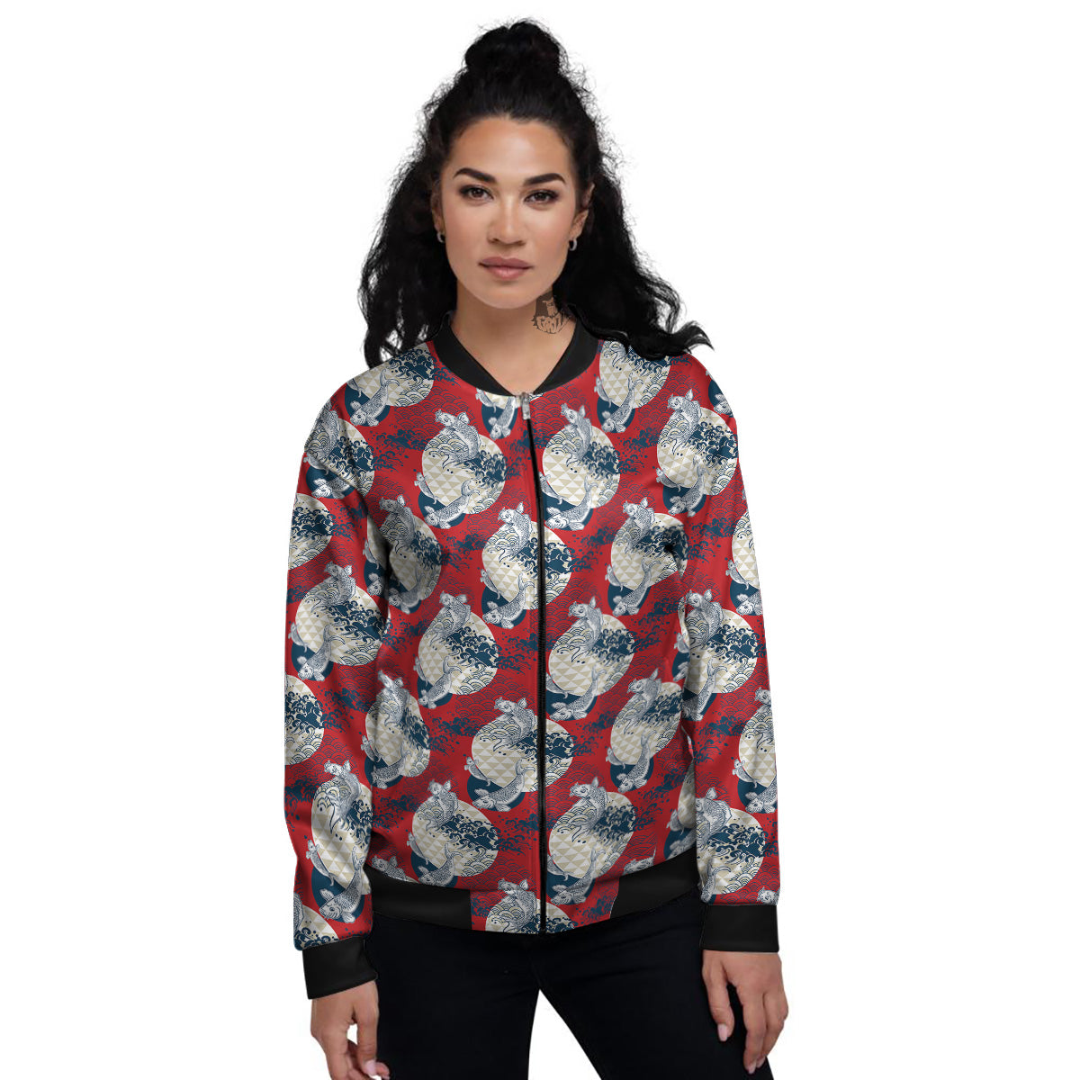 Koi Fish Japanese Wave Print Pattern Women's Bomber Jacket