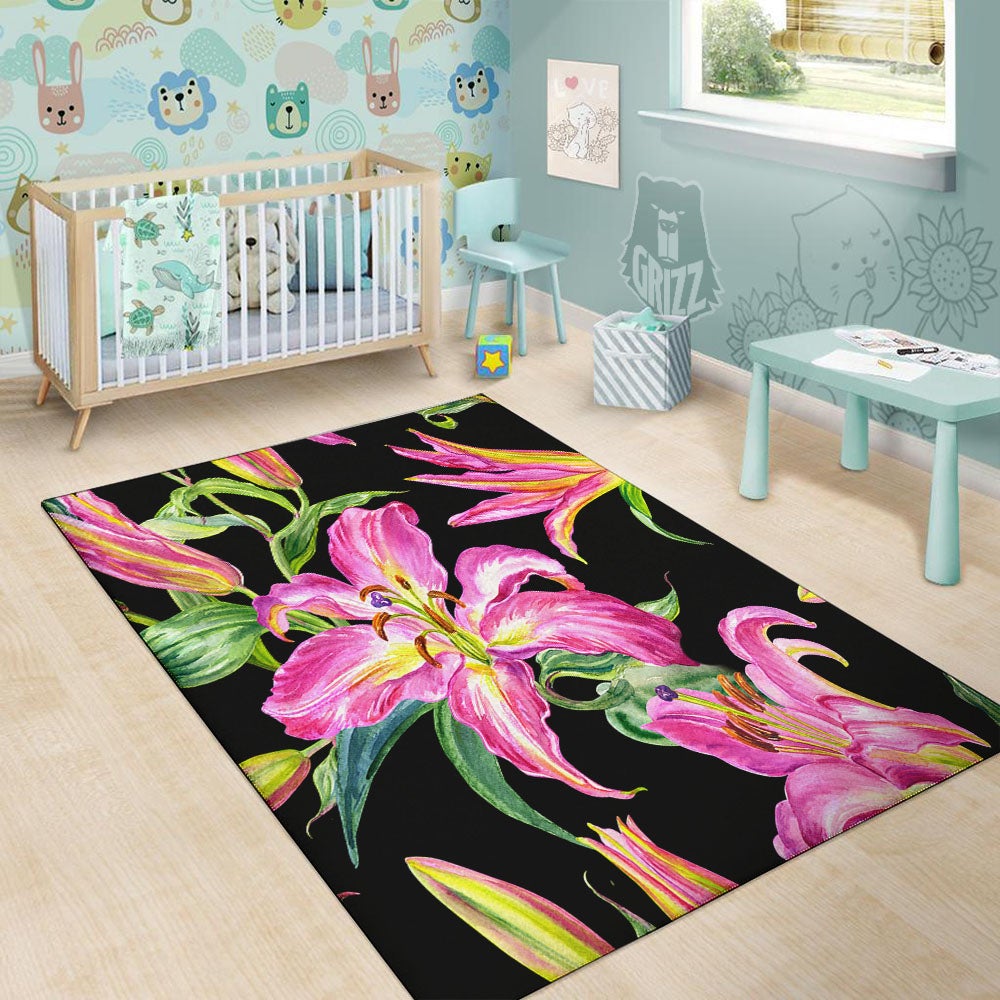 Lilies Pink Watercolor Print Floor Mat