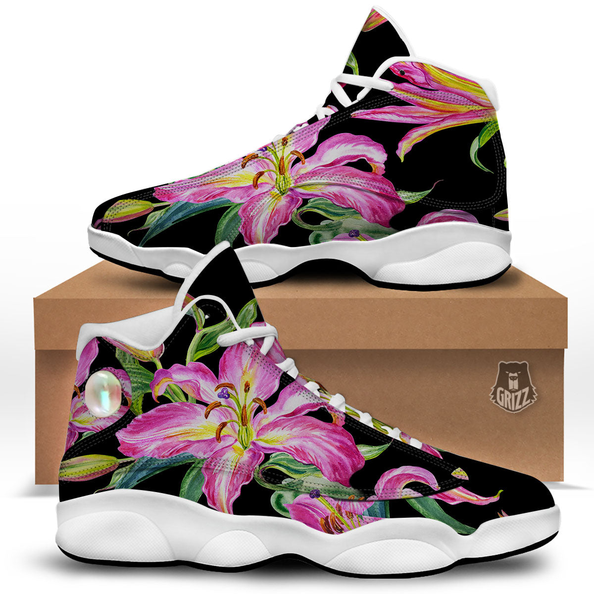 Lilies Pink Watercolor Print White Basketball Shoes