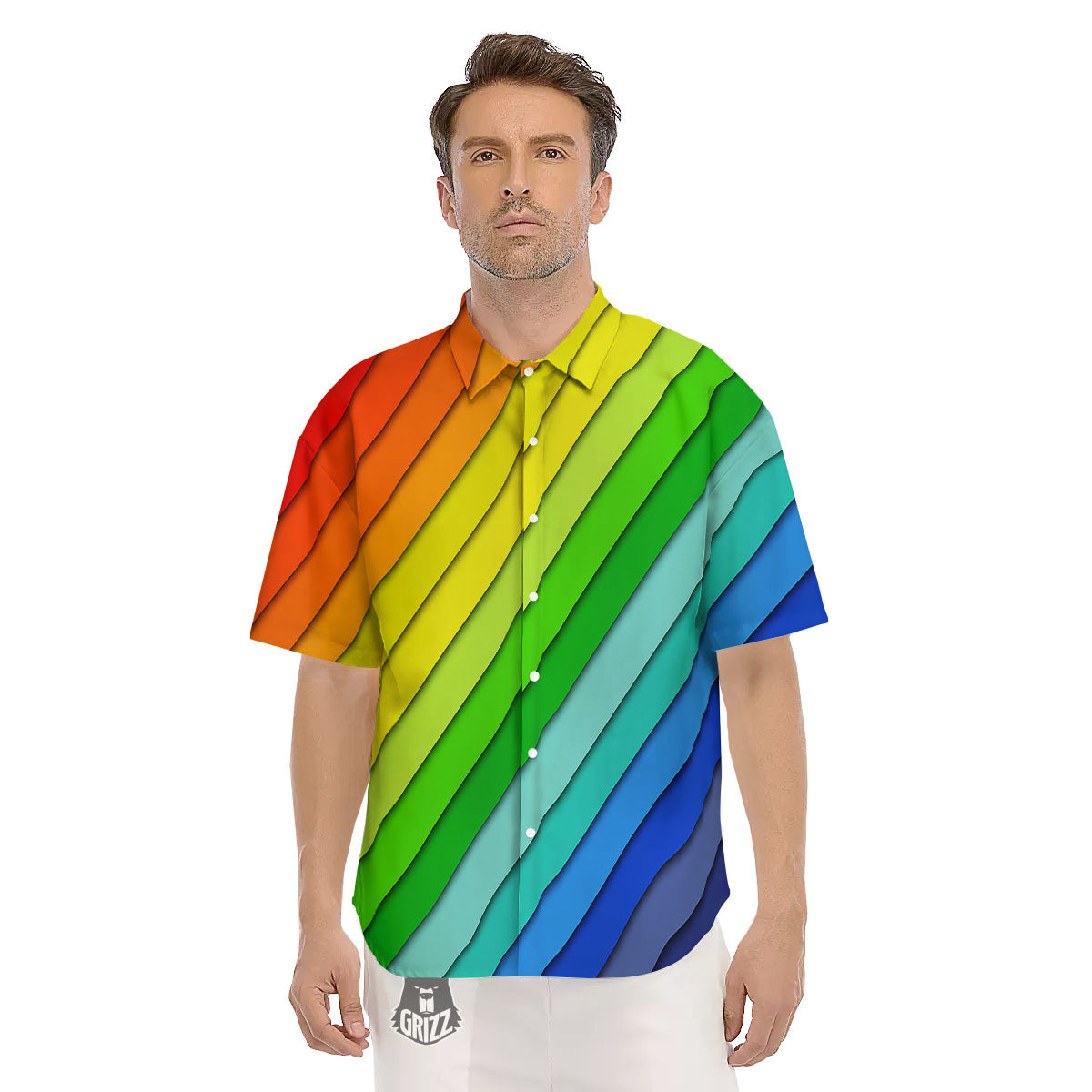 Lines Rainbow Diagonal Print Pattern Men's Short Sleeve Shirts