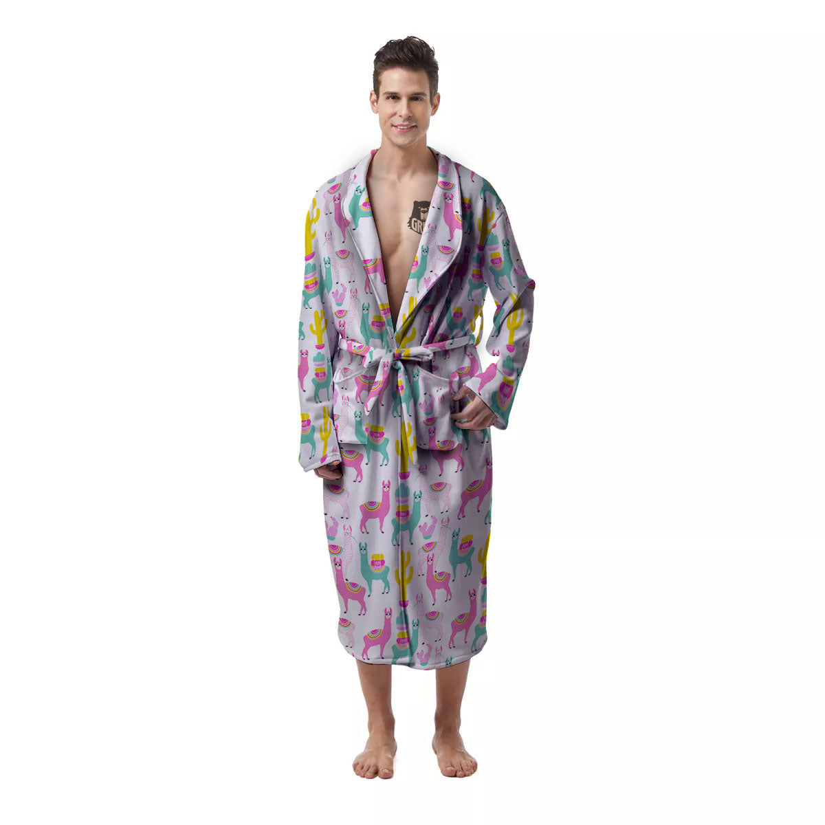 Llama And Cartoon Cactus Print Pattern Men's Robe