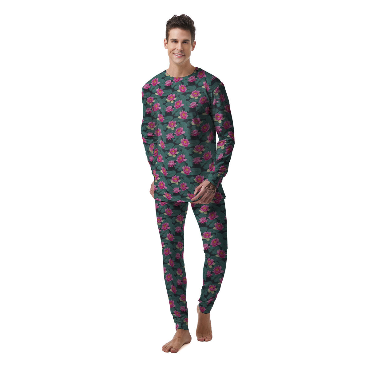 Lotus Hot Pink Print Pattern Men's Pajamas