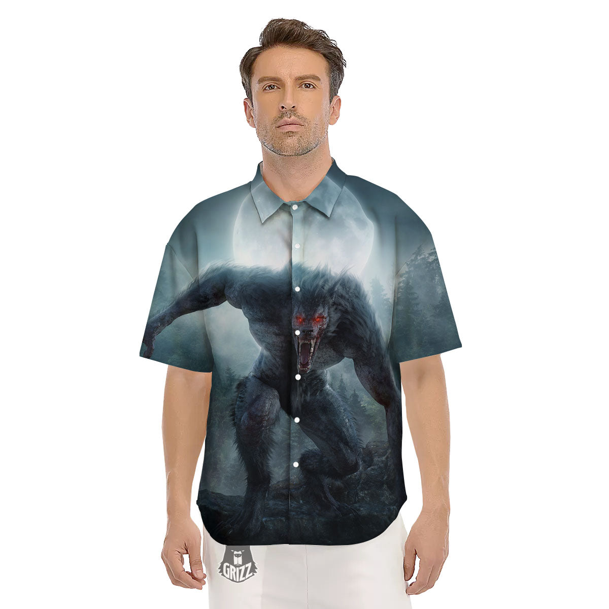 Lycan werewolf And Full Moon Print Men's Short Sleeve Shirts