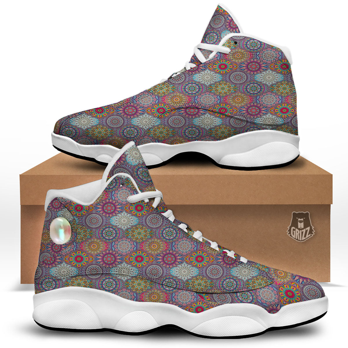 Mandala Bohemian Indian Print Pattern White Basketball Shoes