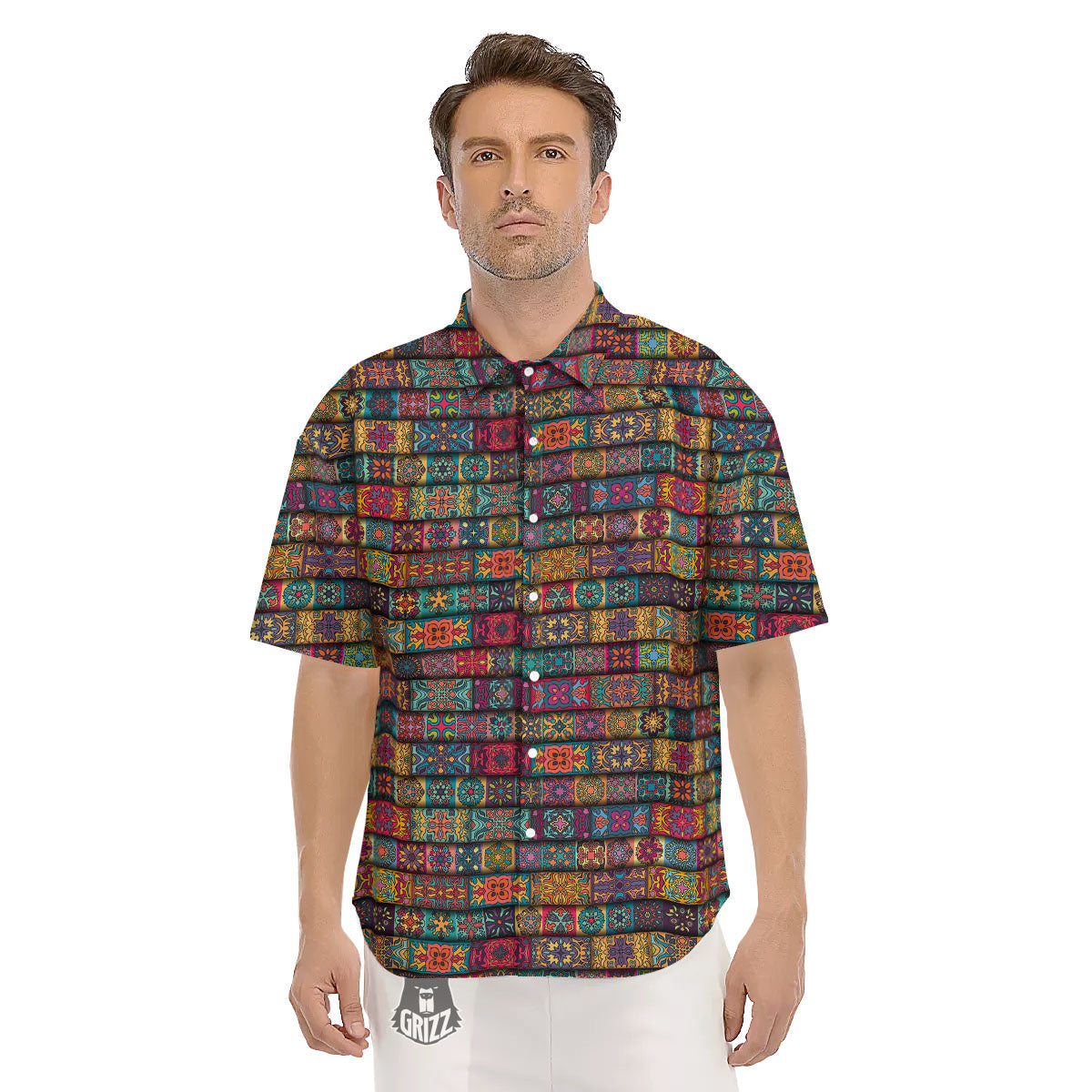 Mandala Bohemian Rectangle Print Pattern Men's Short Sleeve Shirts